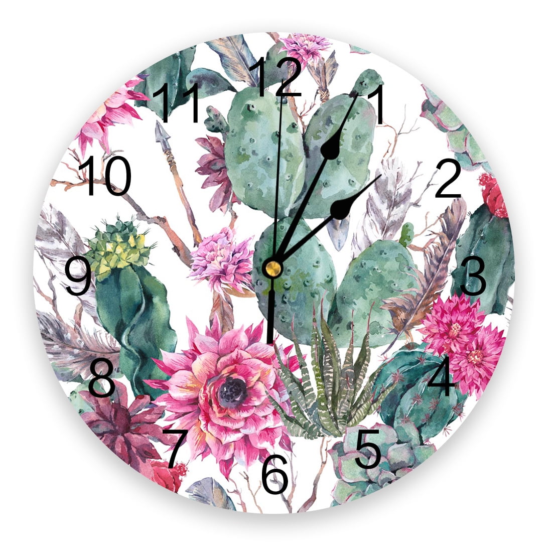 Tropical Plant Green Cactus Pink Flower Wall Clock Modern Design ...