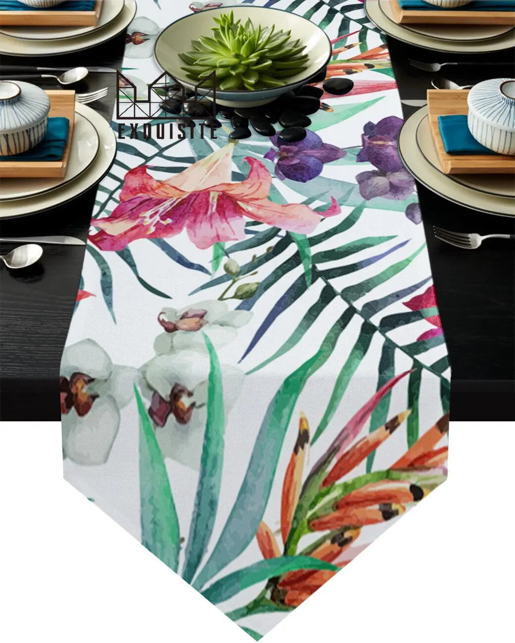 Tropical Plant Leaf Flower Table Runners Modern Home Kitchen Dining ...