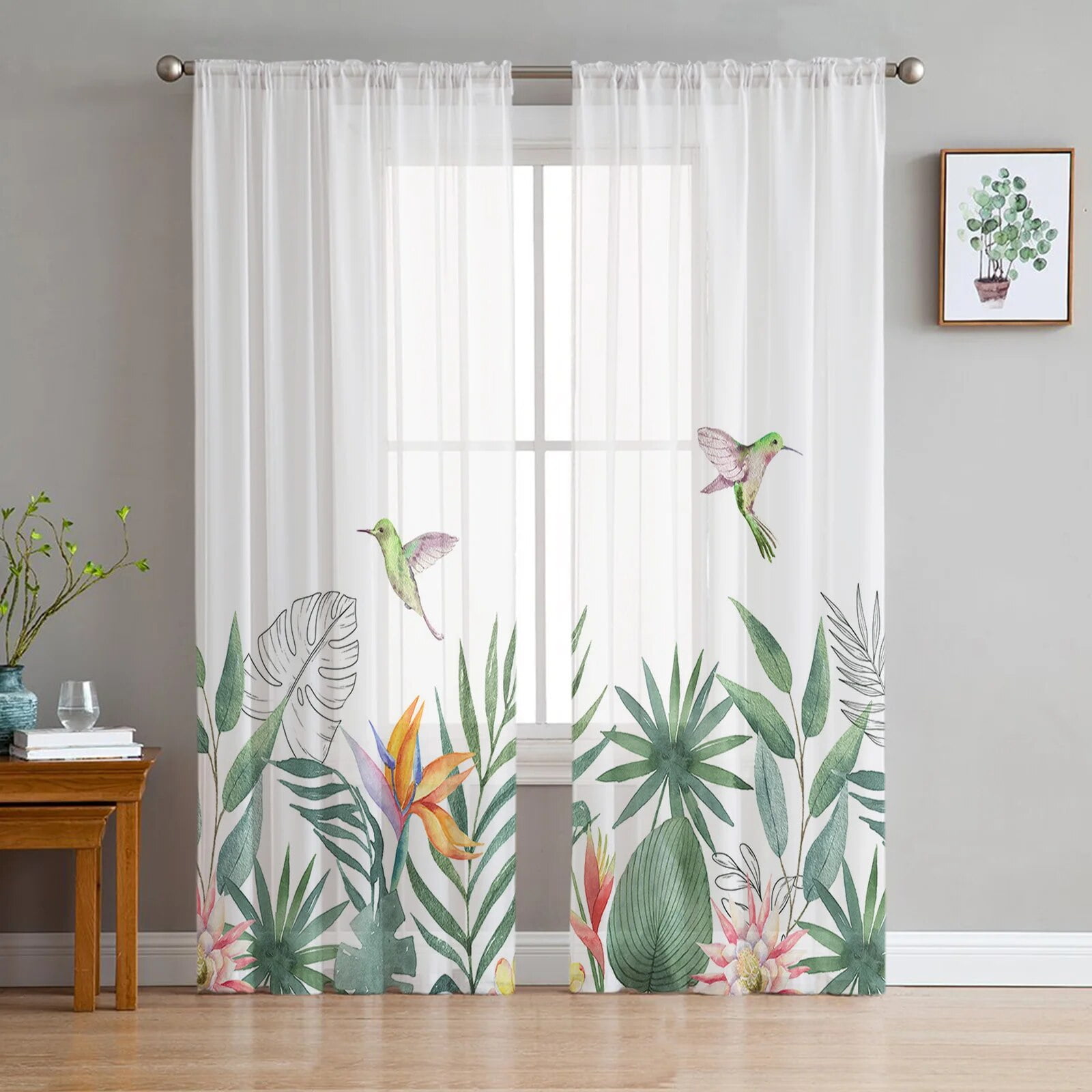Tropical Plant Leaf Hummingbird Tulle Curtains Living Room Kitchen ...
