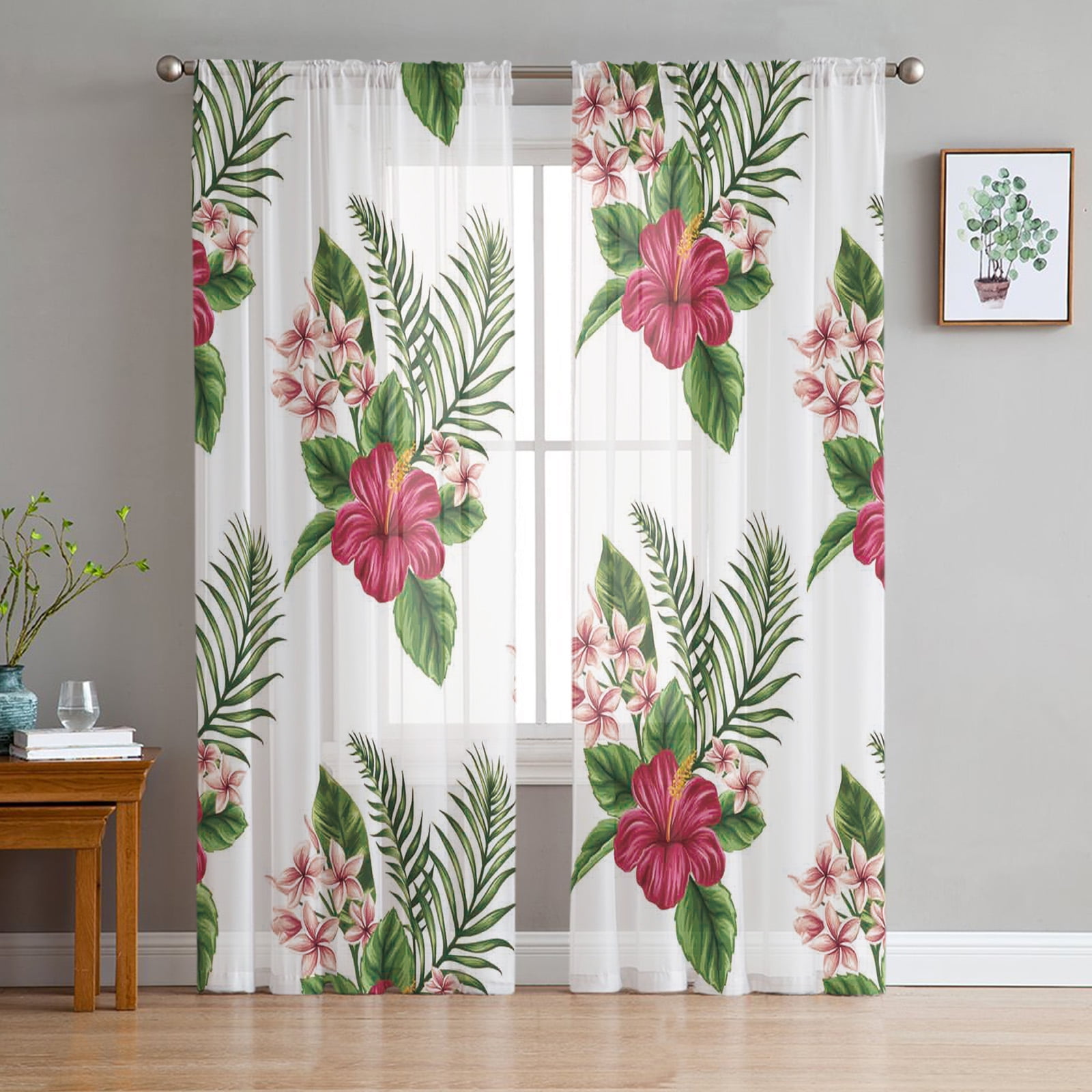 Tropical Plant Leaves Hibiscus Flower Tulle Sheer Curtains for Living ...