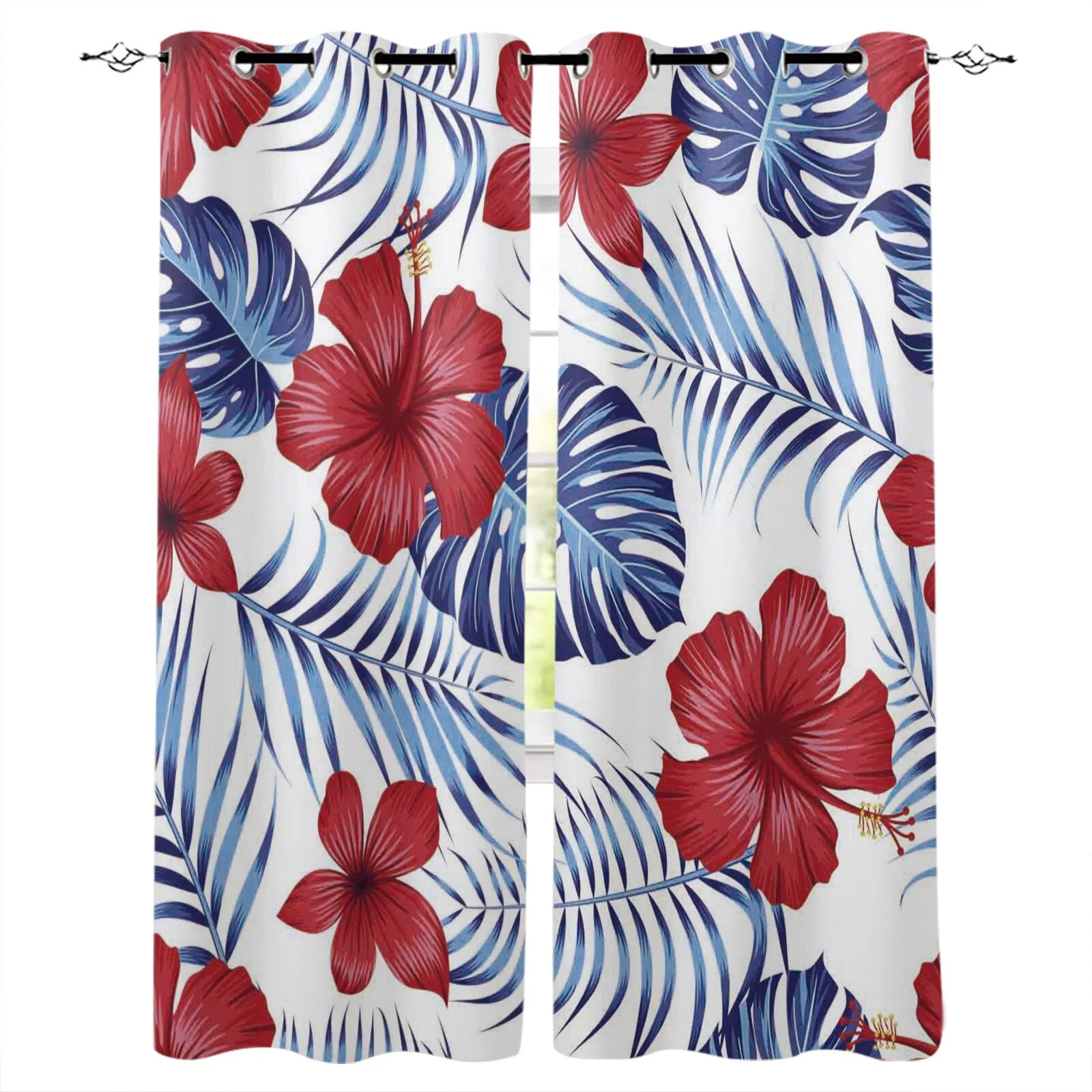Tropical Plant Leaves Hibiscus Window Curtains For Living Room Bedroom