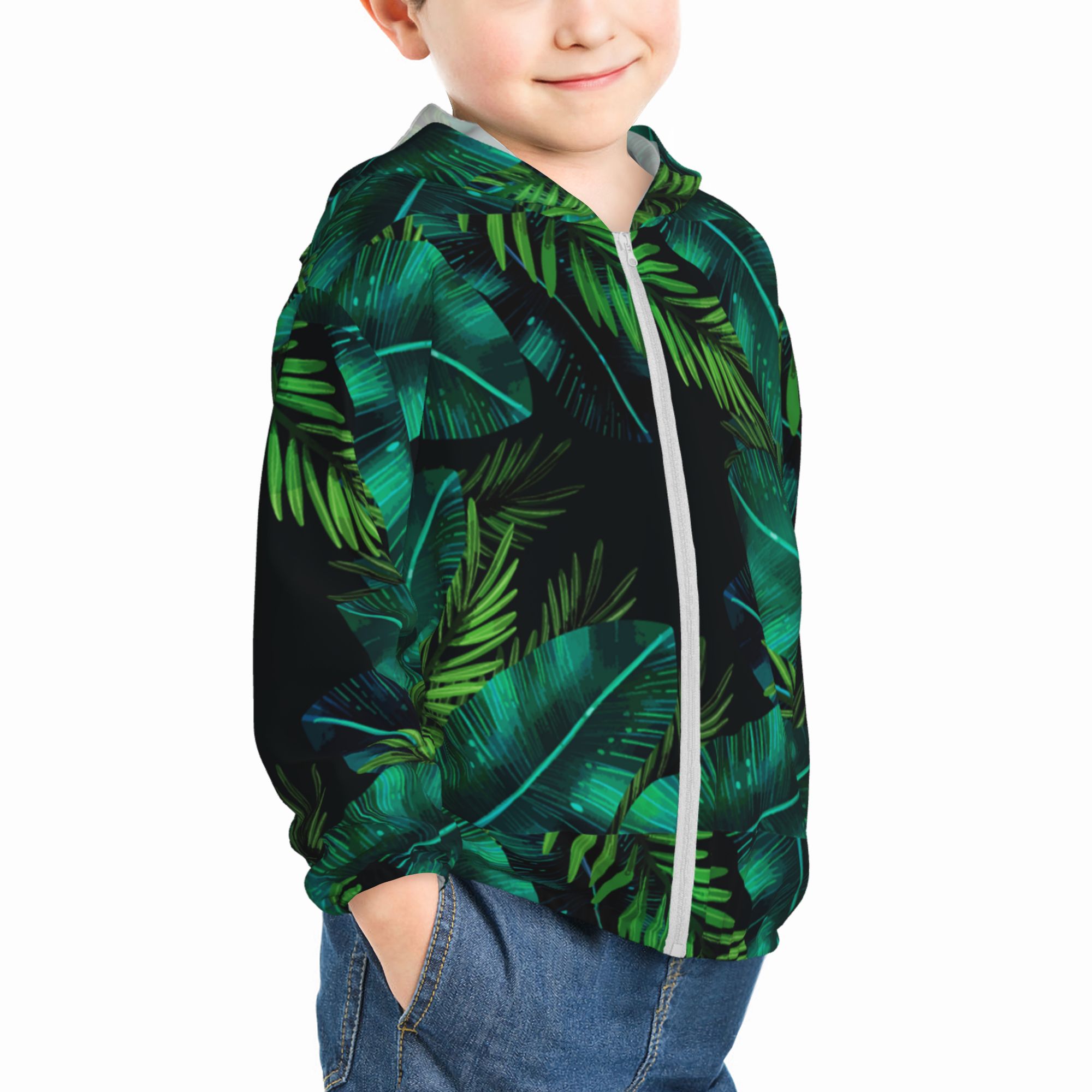 Tropical Plant Leaves Kids Zip-Up Hoodie Girls Boys Sun Protection Jacket Hooded Cooling Shirt ...