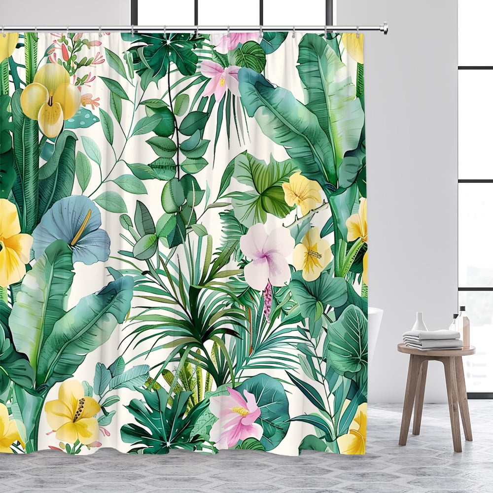 Tropical Plant Leaves Shower Curtain Pink Floral Green Palm Leaf ...