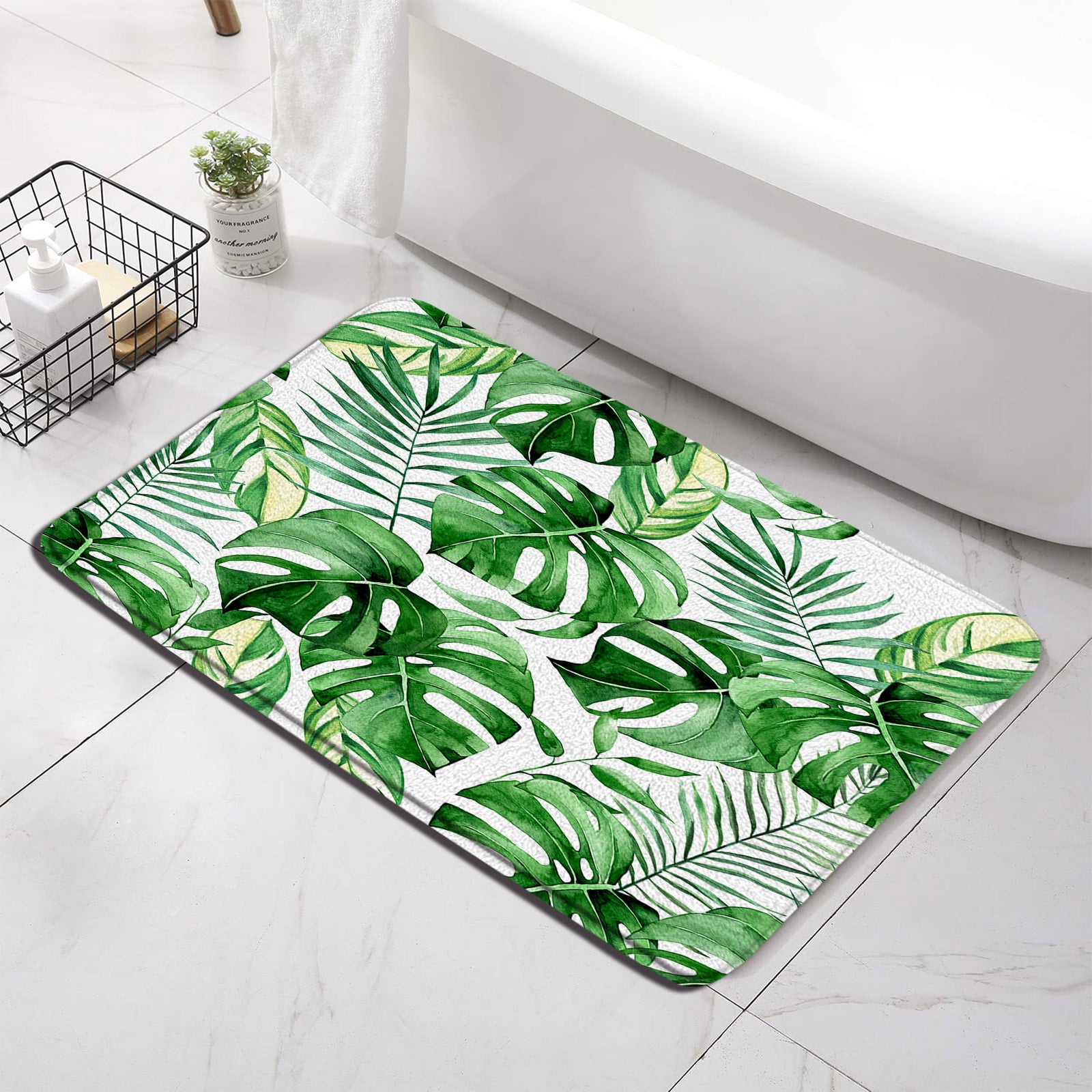 Tropical Plant Leaves Shower Curtain Set Watercolour Green Gold Palm ...
