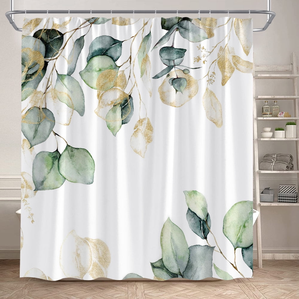 Tropical Plant Leaves Shower Curtain Set Watercolour Green Gold Palm ...