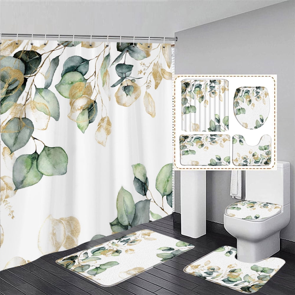 Tropical Plant Leaves Shower Curtain Set Watercolour Green Gold Palm ...
