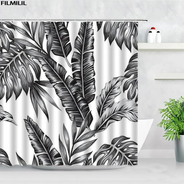 Tropical Plant Leaves Shower Curtains Set Black White Monstera Banana