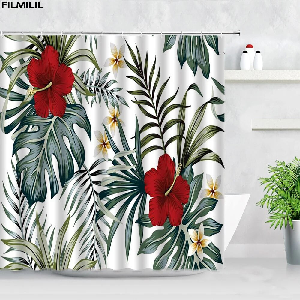 Tropical Plant Leaves Shower Curtains Set Black White Monstera Banana