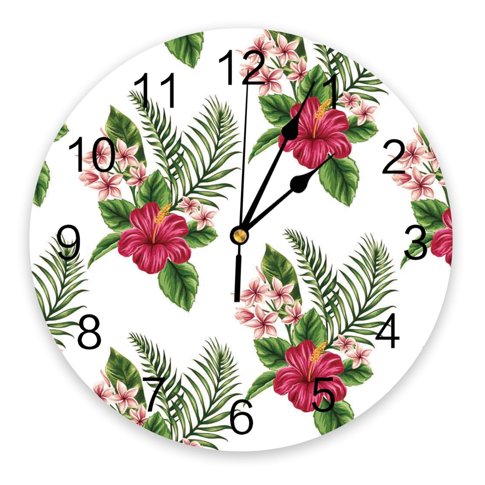 Tropical Plant Leaves Watercolor Hibiscus Flower Wall Clock Modern ...
