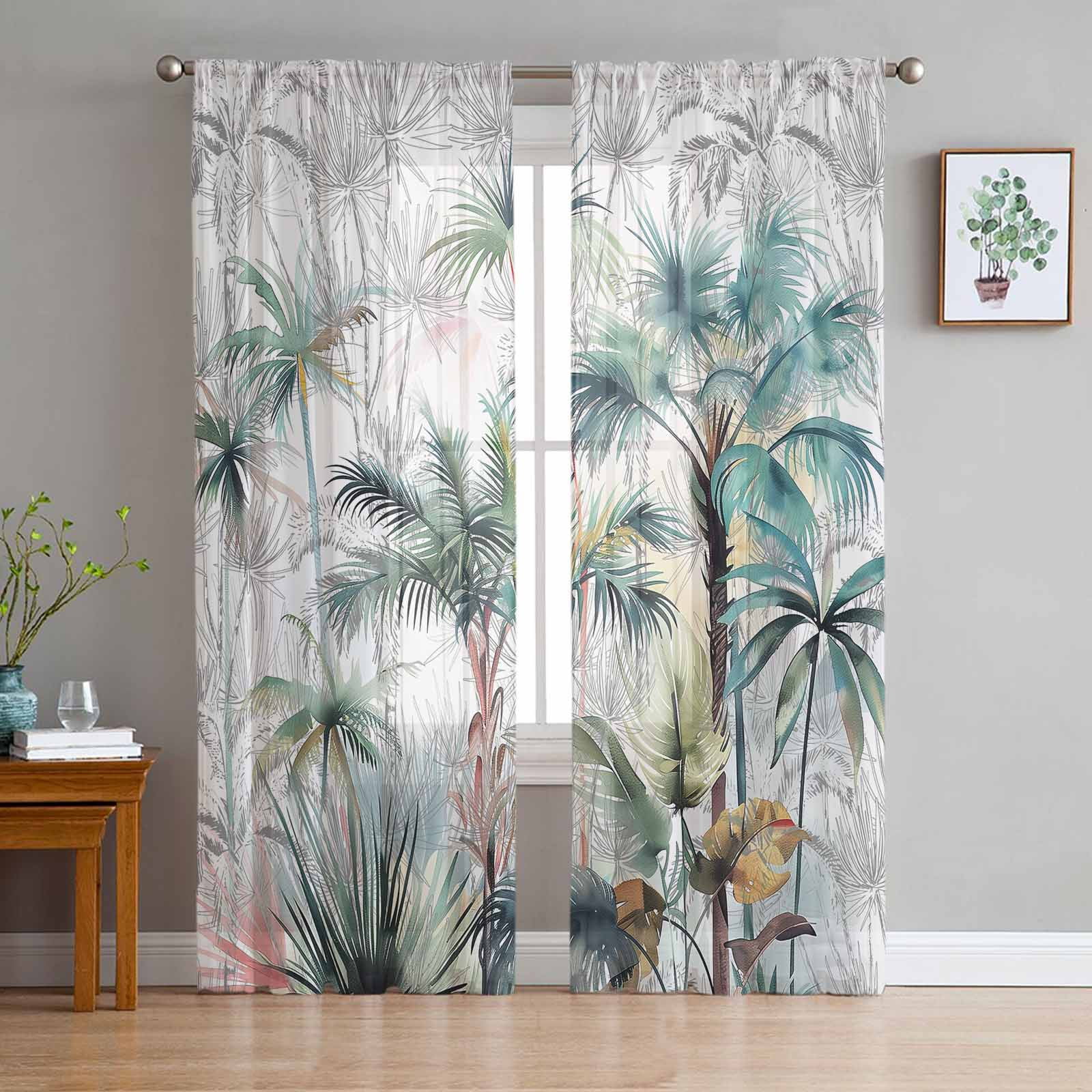 Tropical Plant Palm Tree Sheer Tulle Curtains for Living Room Valance ...