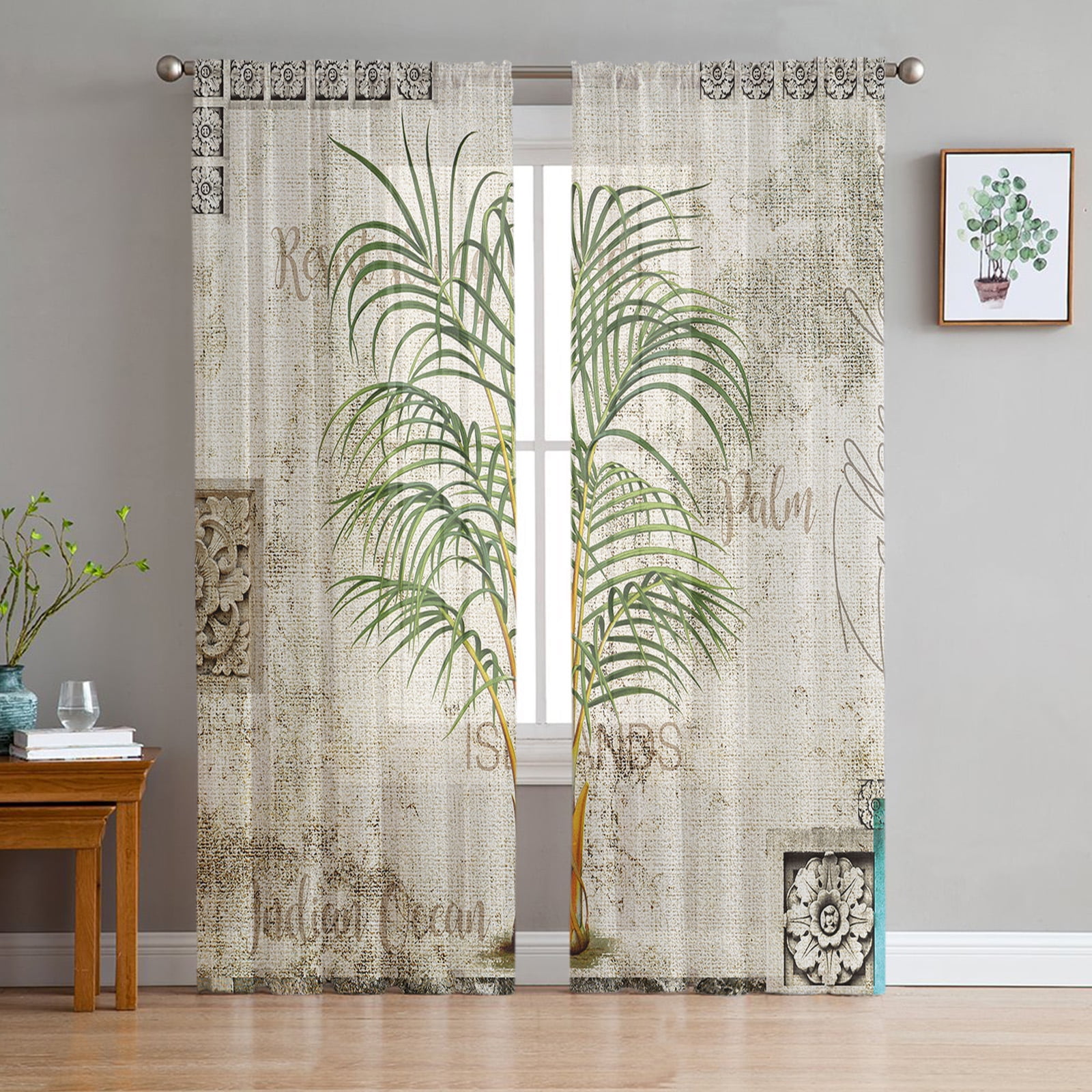Tropical Plant Palm Trees In Summer Voile Curtains Bedroom Tulle Window ...