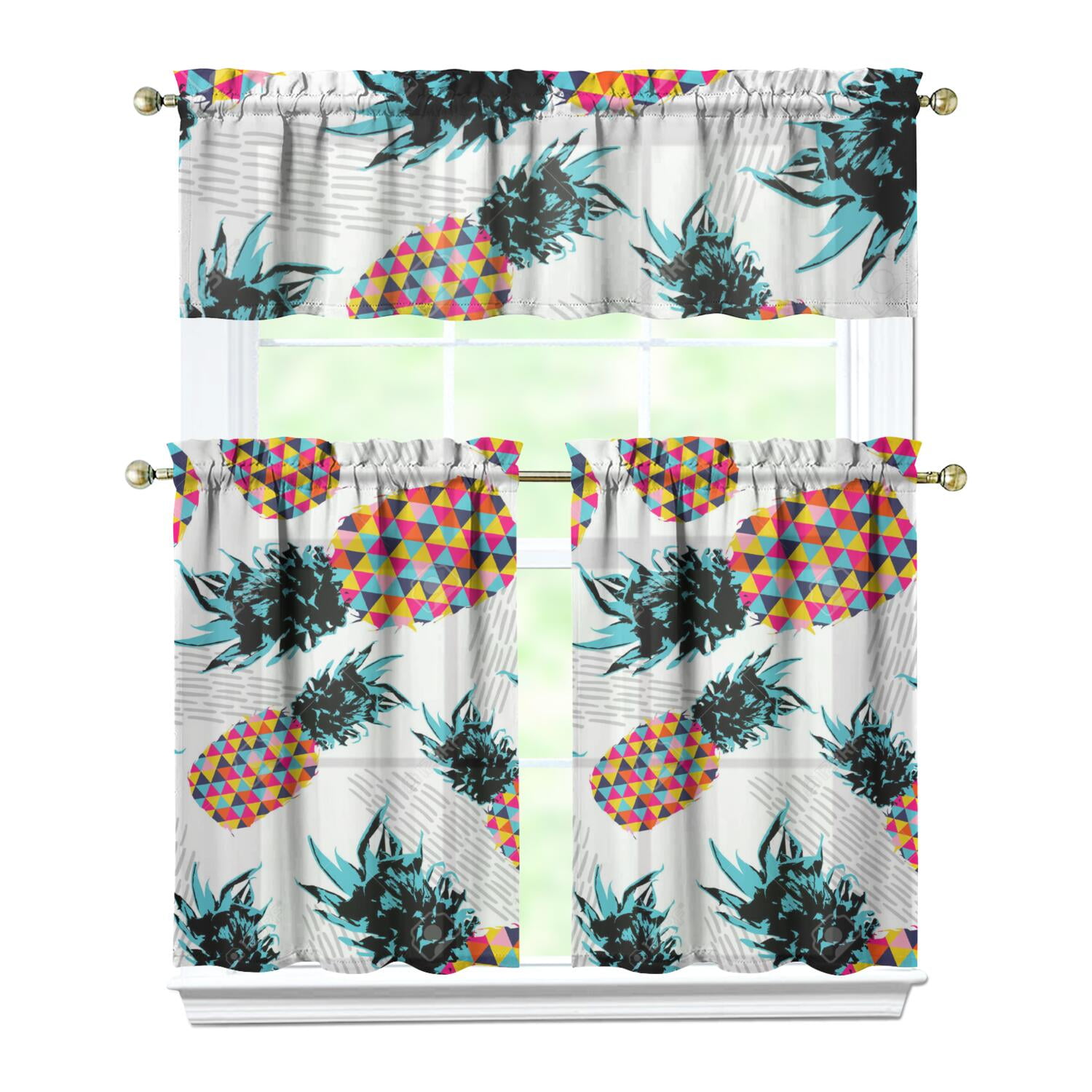 Tropical Plant Pineapple Kitchen Curtains Set, Yellow Hawaiian Fruit Print Tier and Valance ...