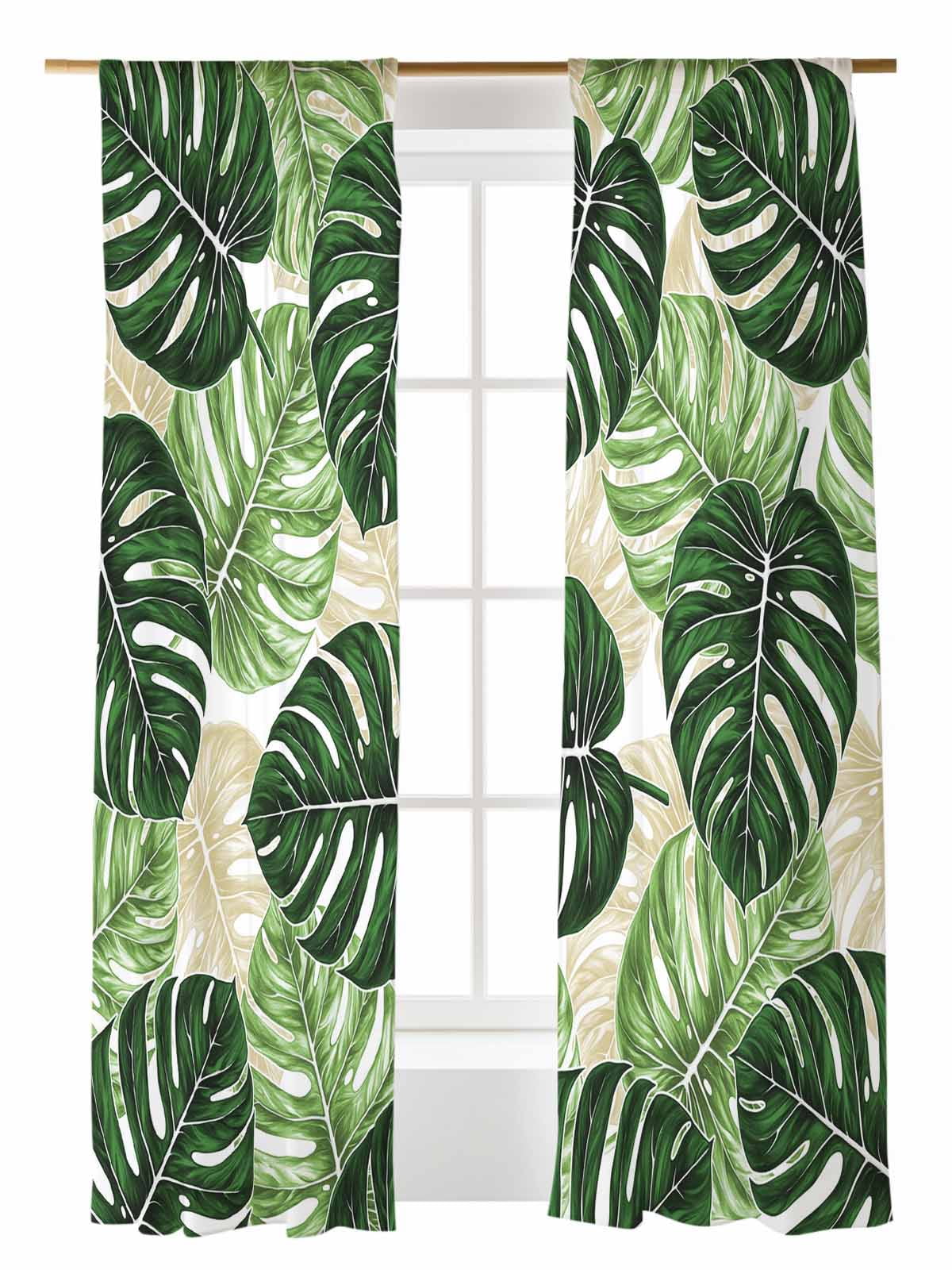 Tropical Plant Sheer Curtains 2 Panels Set Green Palm Leaf Country ...