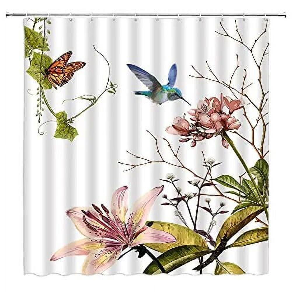 Tropical Plant Shower Curtain Watercolor Floral Hummingbird Green