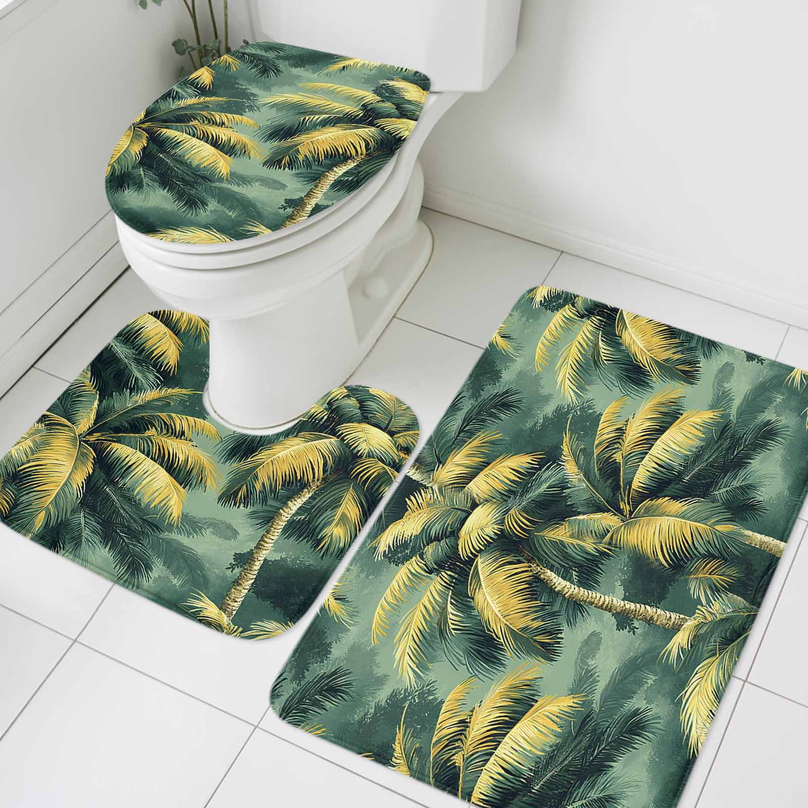Tropical Plant Trees Bathroom Rugs Set Watercolor Summer Forest Non ...