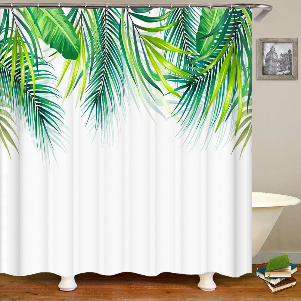 Tropical Plant Waterproof Bath Screen with 12 3D Palm leaves Fabric ...