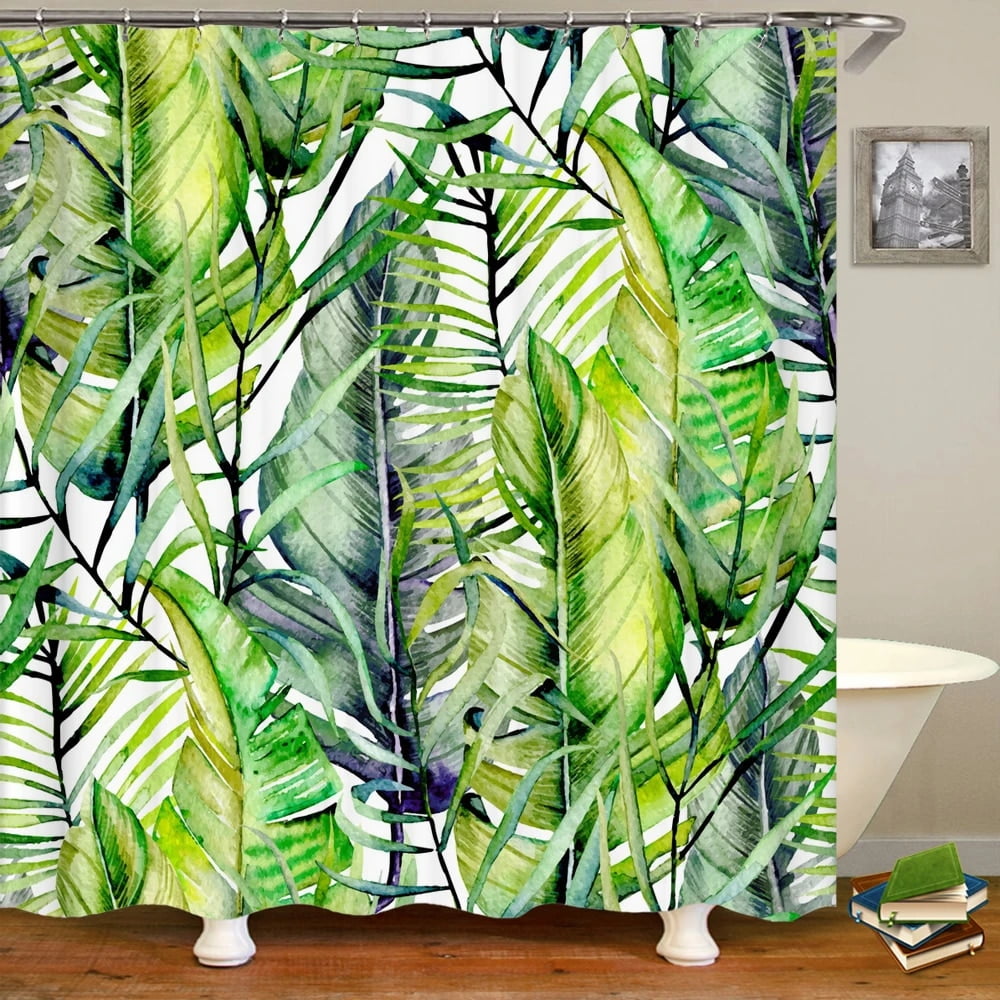 Tropical Plant Waterproof Bath Screen With 12 3d Palm Leaves Fabric