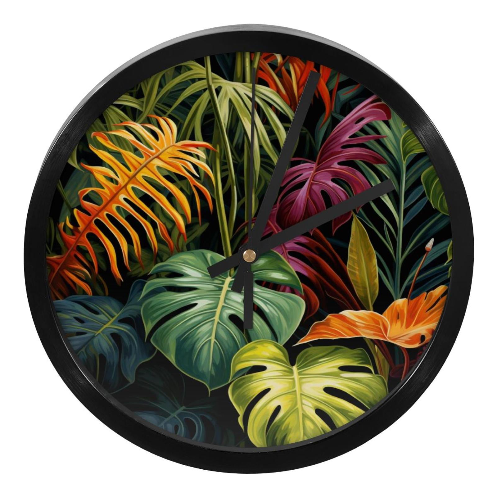 Tropical Plants 9.8 Inch Silent Wall Clock, Round Digital Battery ...