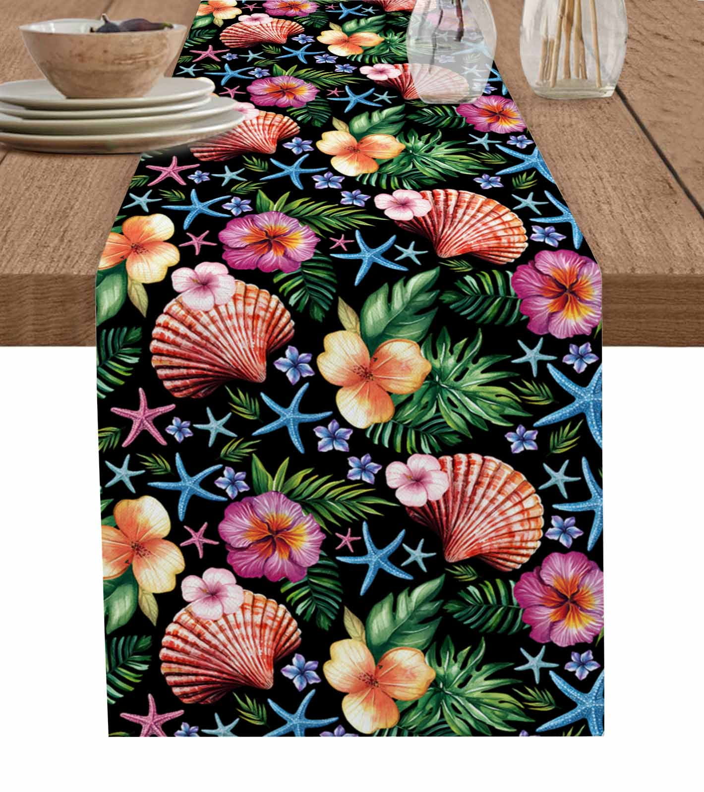 Tropical Plants Burlap Cotton Table Runner 13x120 Inches Long, Green ...