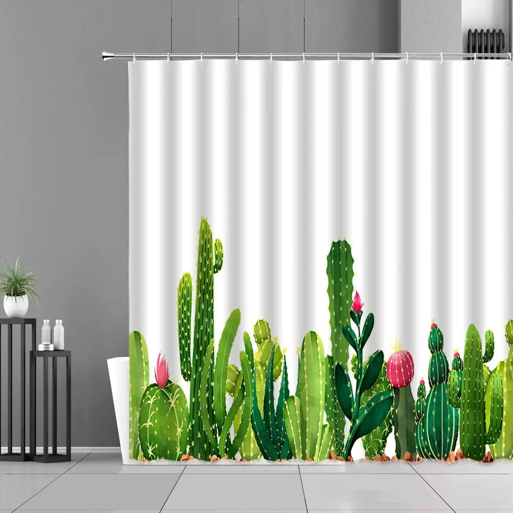 Tropical Plants Cactus Shower Curtain Green Landscape Bath Curtains