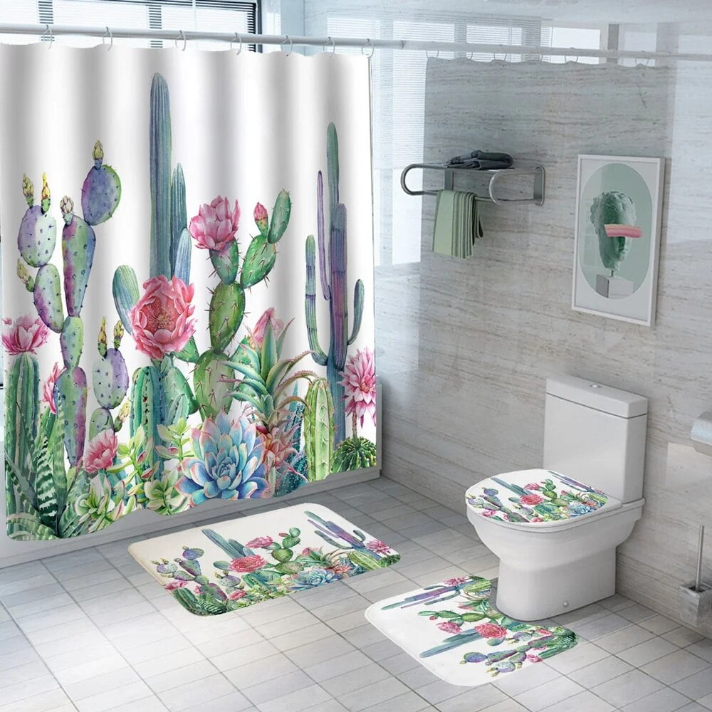Tropical Plants Cactus Shower Curtain Set Non-Slip Rug Toilet Lid Cover ...