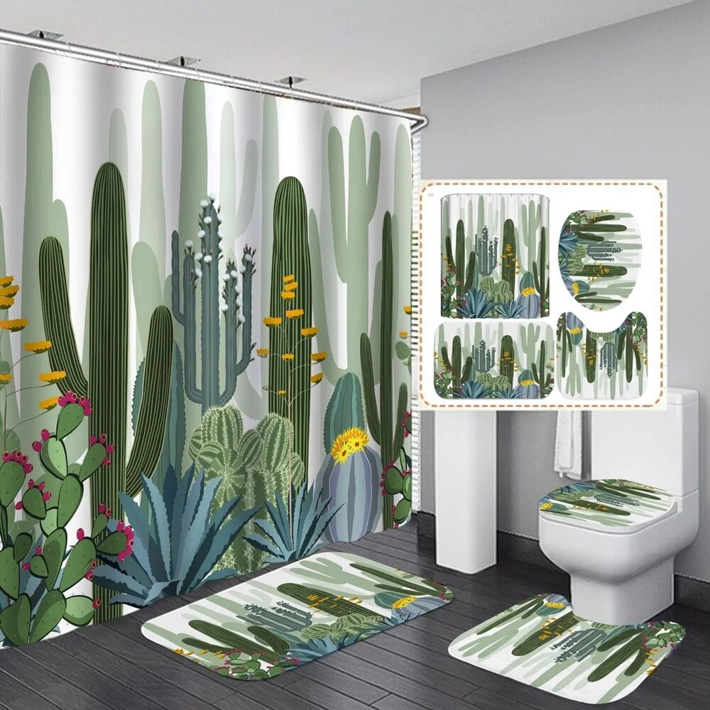 Tropical Plants Cactus Shower Curtain Set Non-Slip Rug Toilet Lid Cover ...