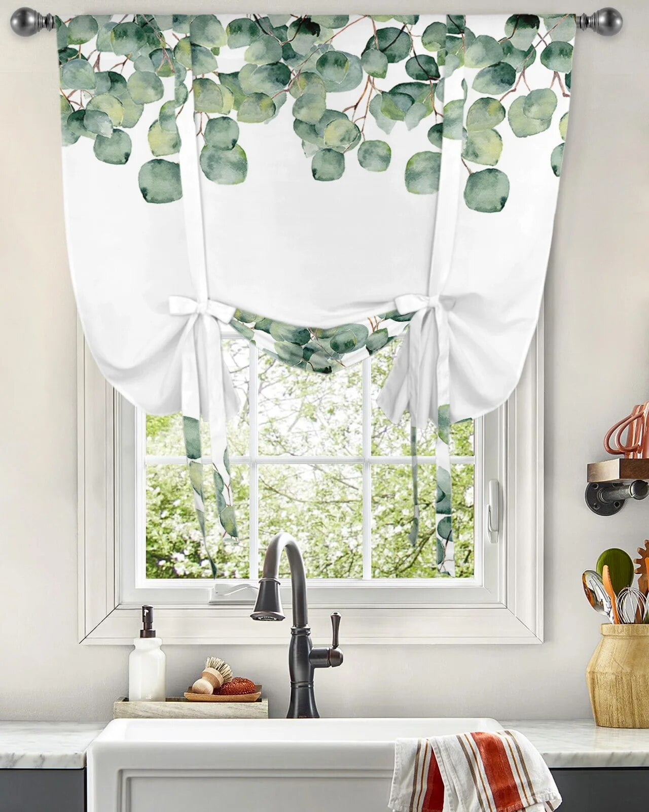 Tropical Plants Eucalyptus Leaves Window Curtain Tie Up Curtains for Kitchen Living Room ...