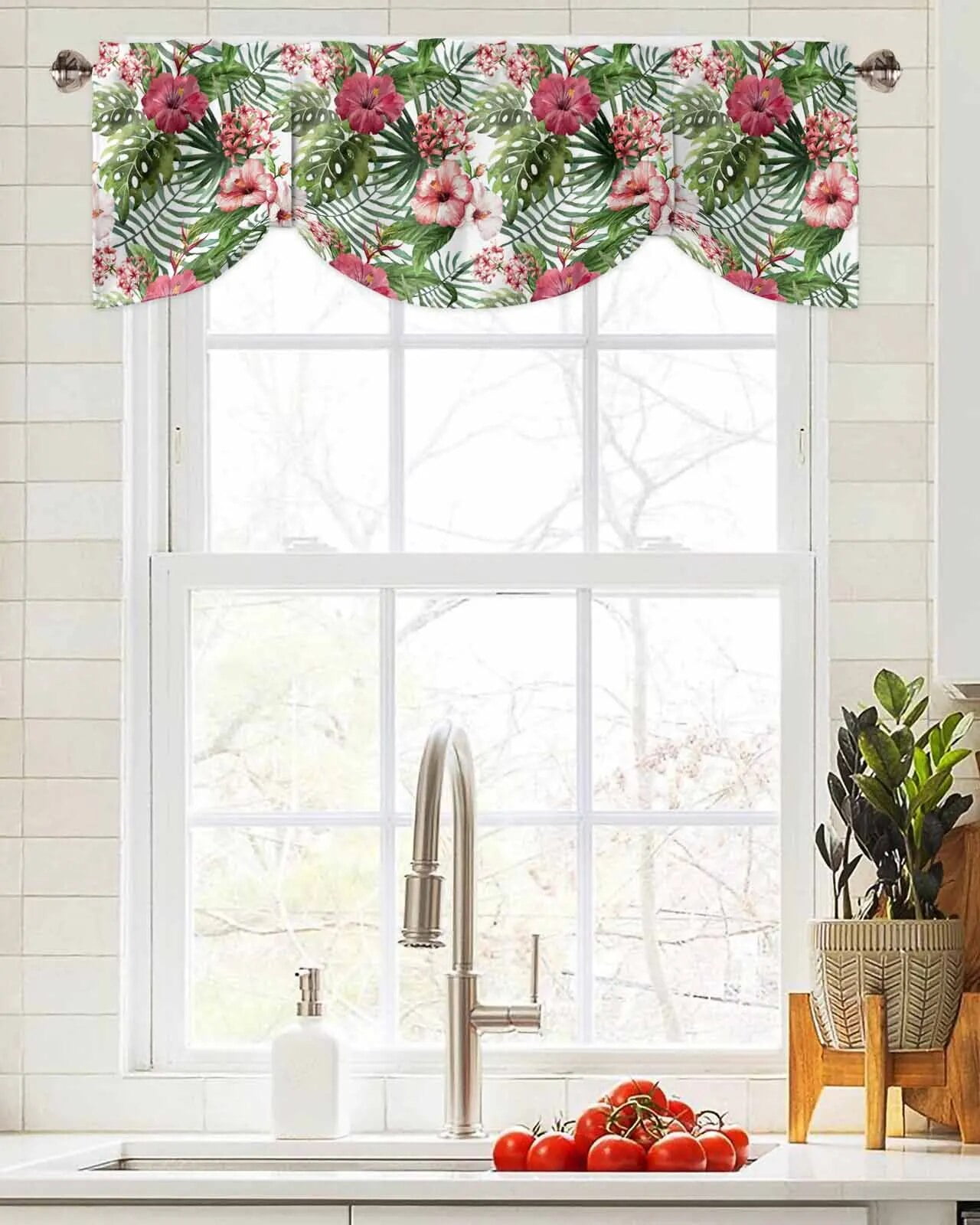 Tropical Plants Flowers Summer Short Window Curtain Adjustable Tie Up ...