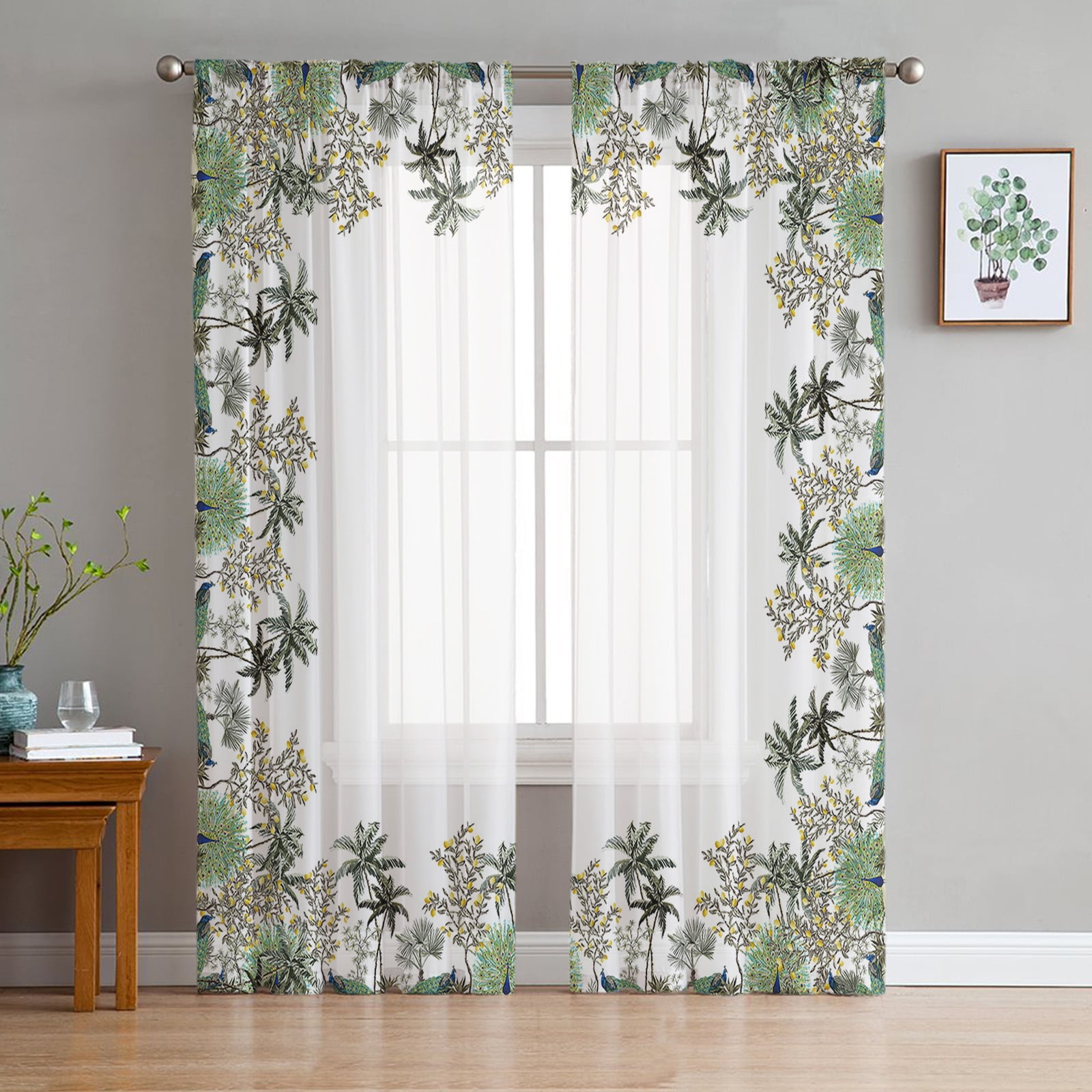 Tropical Plants Green Leaf Flowers Tulle Sheer Curtains for Living Room ...