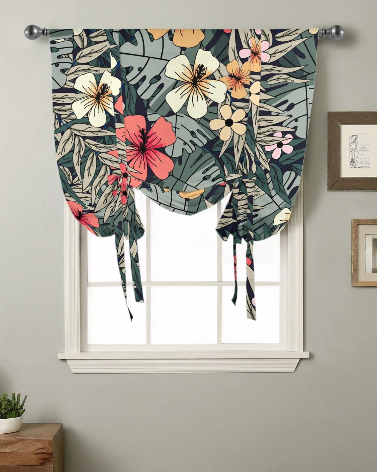 Tropical Plants Leaves Flowers Kitchen Short Window Curtain Rod Pocket ...