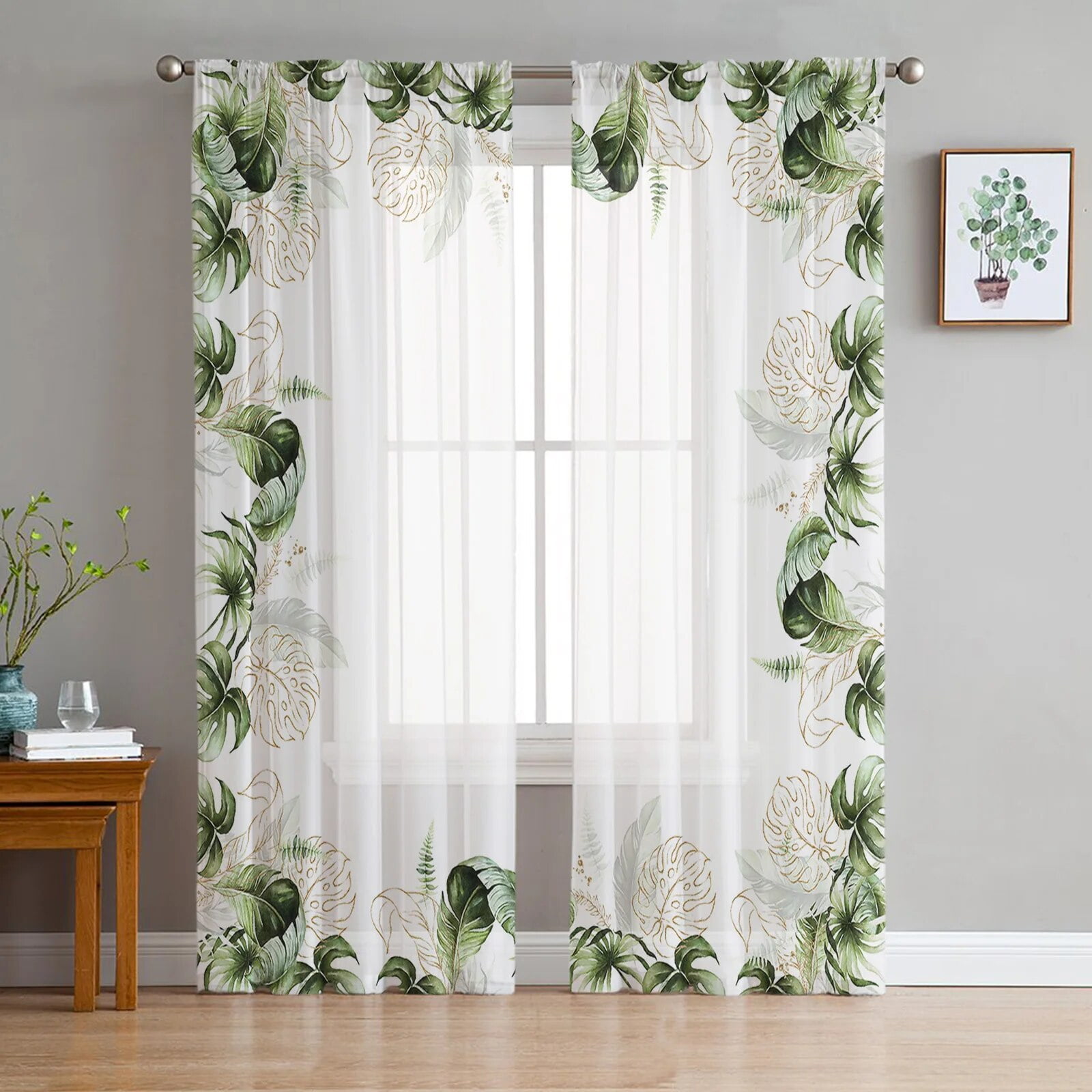 Tropical Plants Palm Green Leaves Tulle Voile Curtains For Bedroom ...