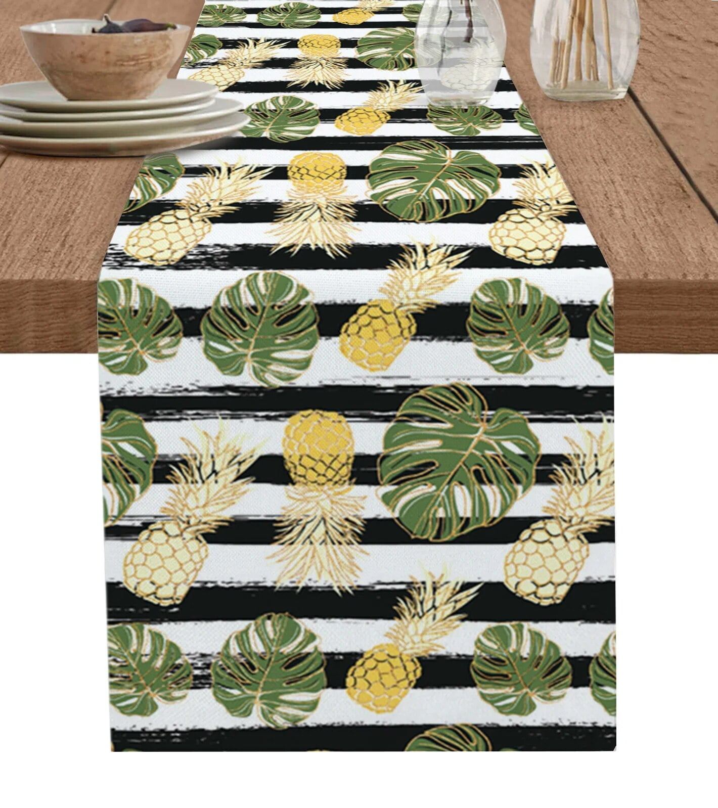 Tropical Plants Pineapple Stripes Table Runner Wedding r Cotton Linen ...