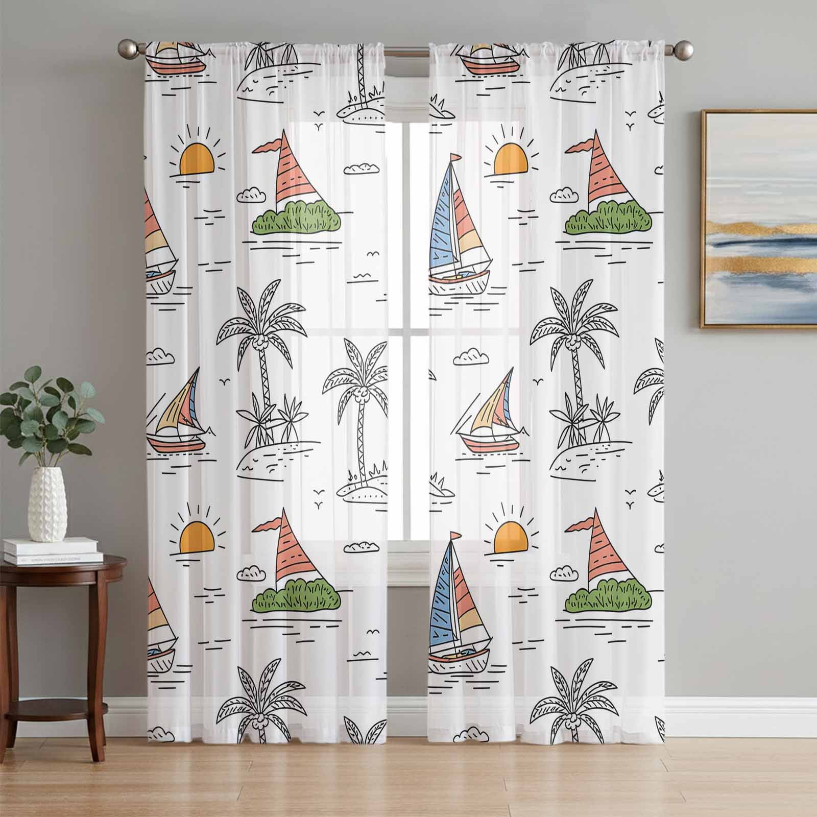 Tropical Plants Sheer Curtains 84 Inch Length 2 Panels Set, Cartoon ...