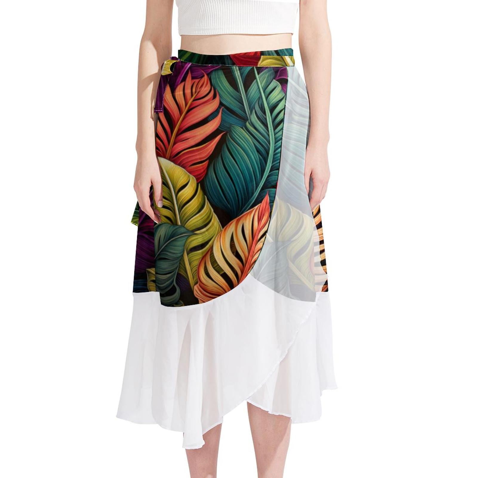 Tropical Plants Stylish Chiffon Beach Skirts and Summer Dresses for Women scalloped Off Shoulder ...