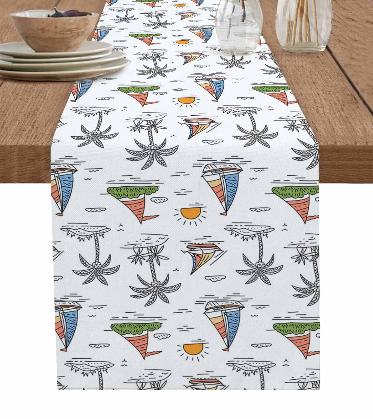 Tropical Plants Table Runner 70 Inches, Cartoon Summer Palm Tree Sun Ship Beach Bed Runner ...