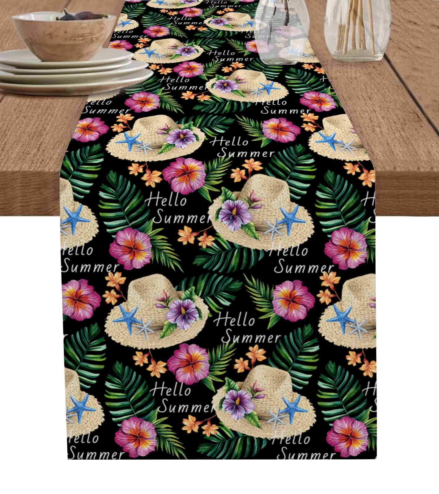 Tropical Plants Table Runner 90 Inches, Green Palm Leaf Summer Flowers ...