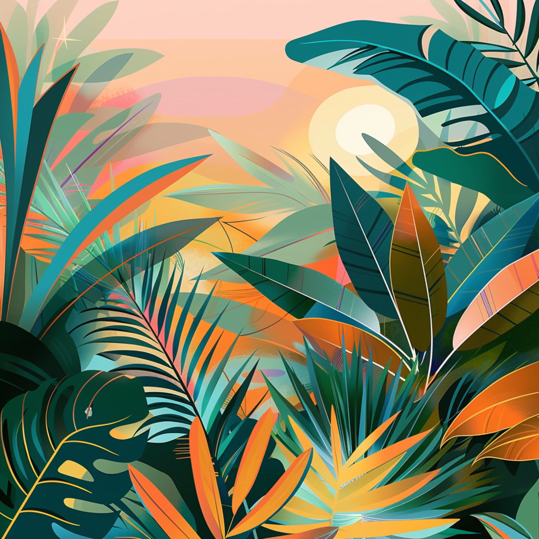 Tropical Plants Vector Illustration with Sunset Sky Background Nature ...
