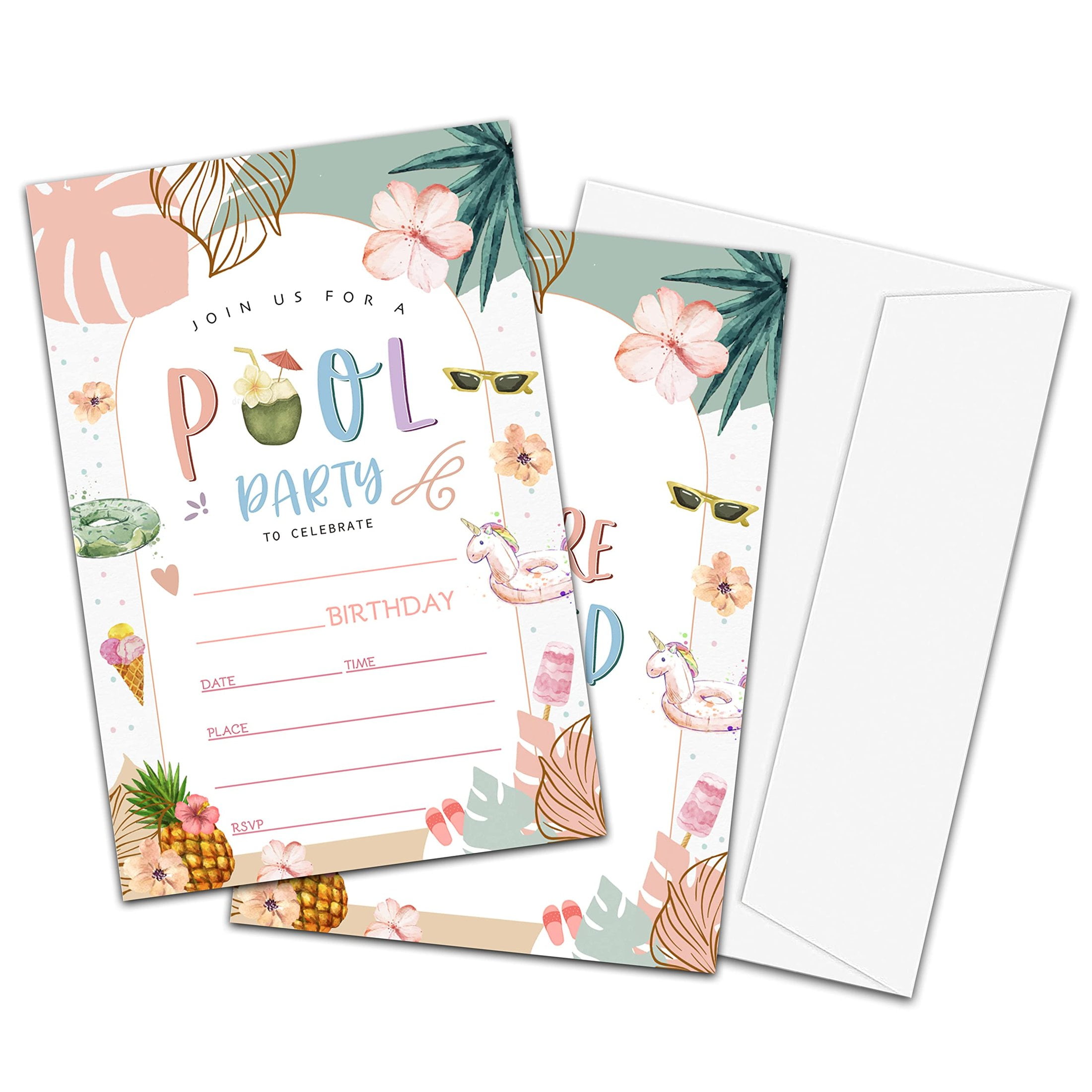 Tropical Pool Party Invitations Set - 20 Double-Sided Fill-In Cards ...