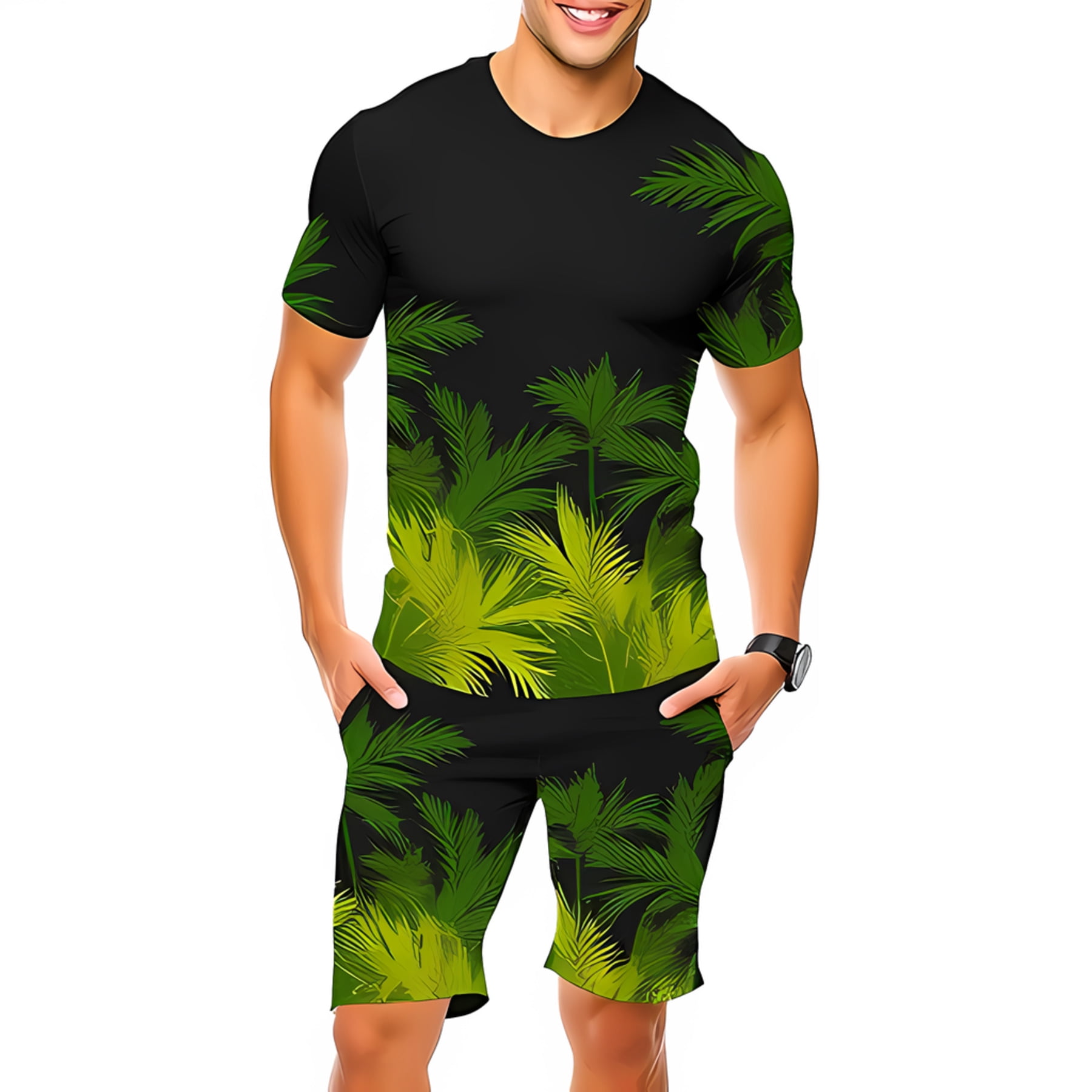 Tropical Print Black T-Shirt & Shorts Set - Green Leaves Design for ...