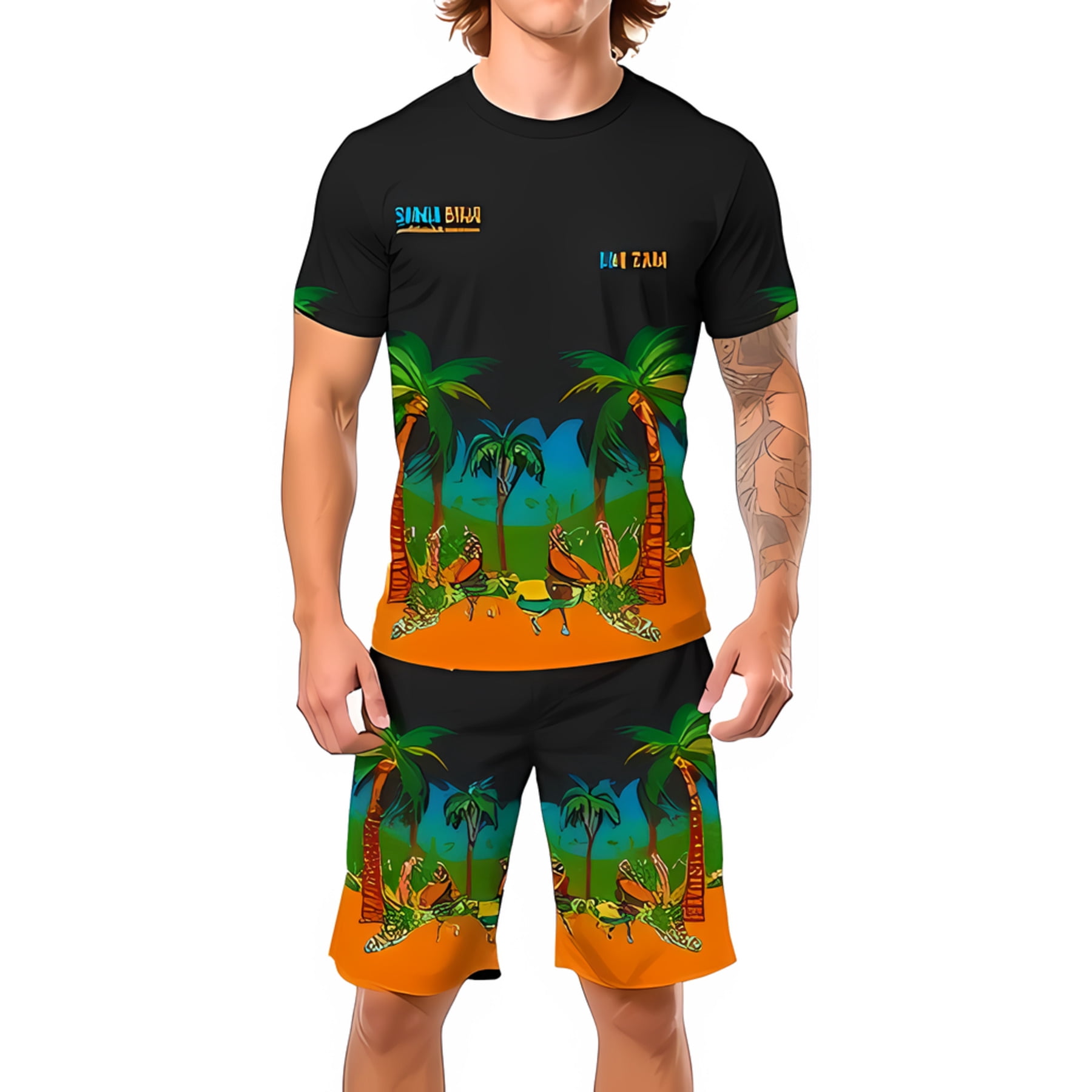 Tropical Print T-Shirt and Shorts Set for Men - Trees Exotic Birds ...