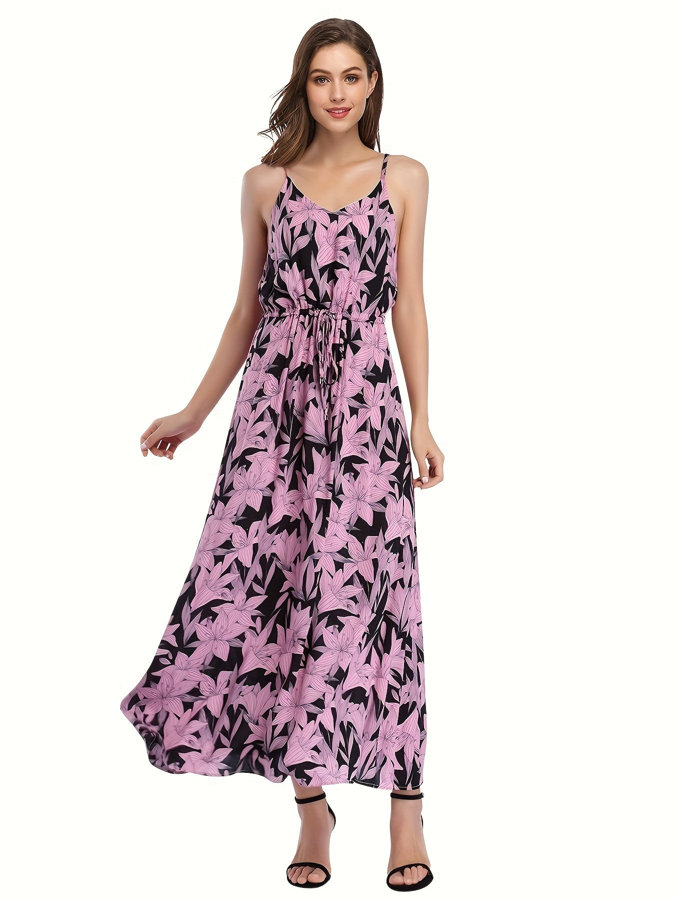 Tropical Print V Neck Cami Dress, Vacation Drawstring Waist Sleeveless ...