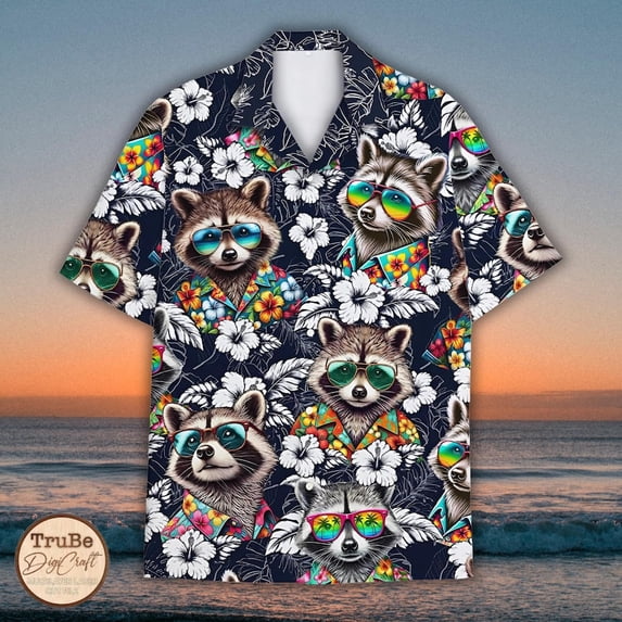 Tropical Raccoon Hawaiian Shirt, Hibiscus Raccoon Shirt, Raccoon Button ...