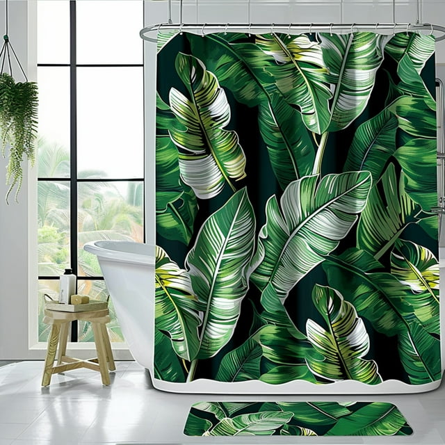Tropical Rainforest Banana Leaves Green And White Bathroom Curtain Set