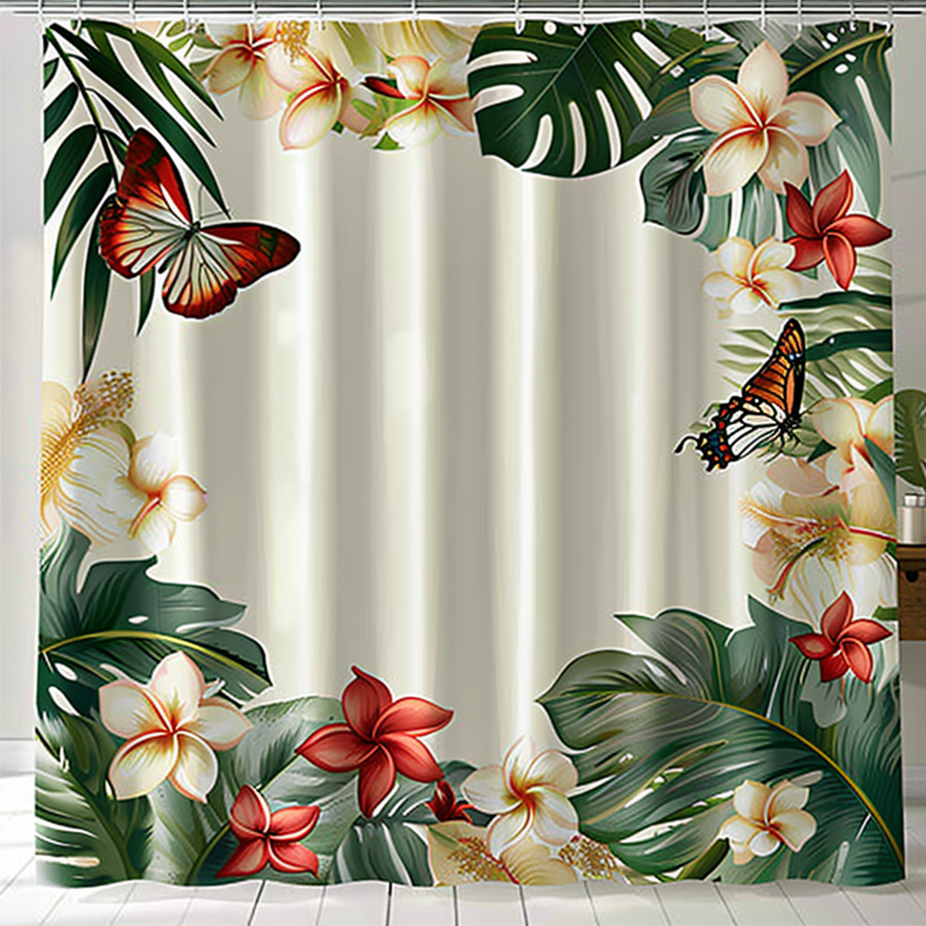 Tropical Rainforest Bathroom Curtain Set White Background With Vibrant