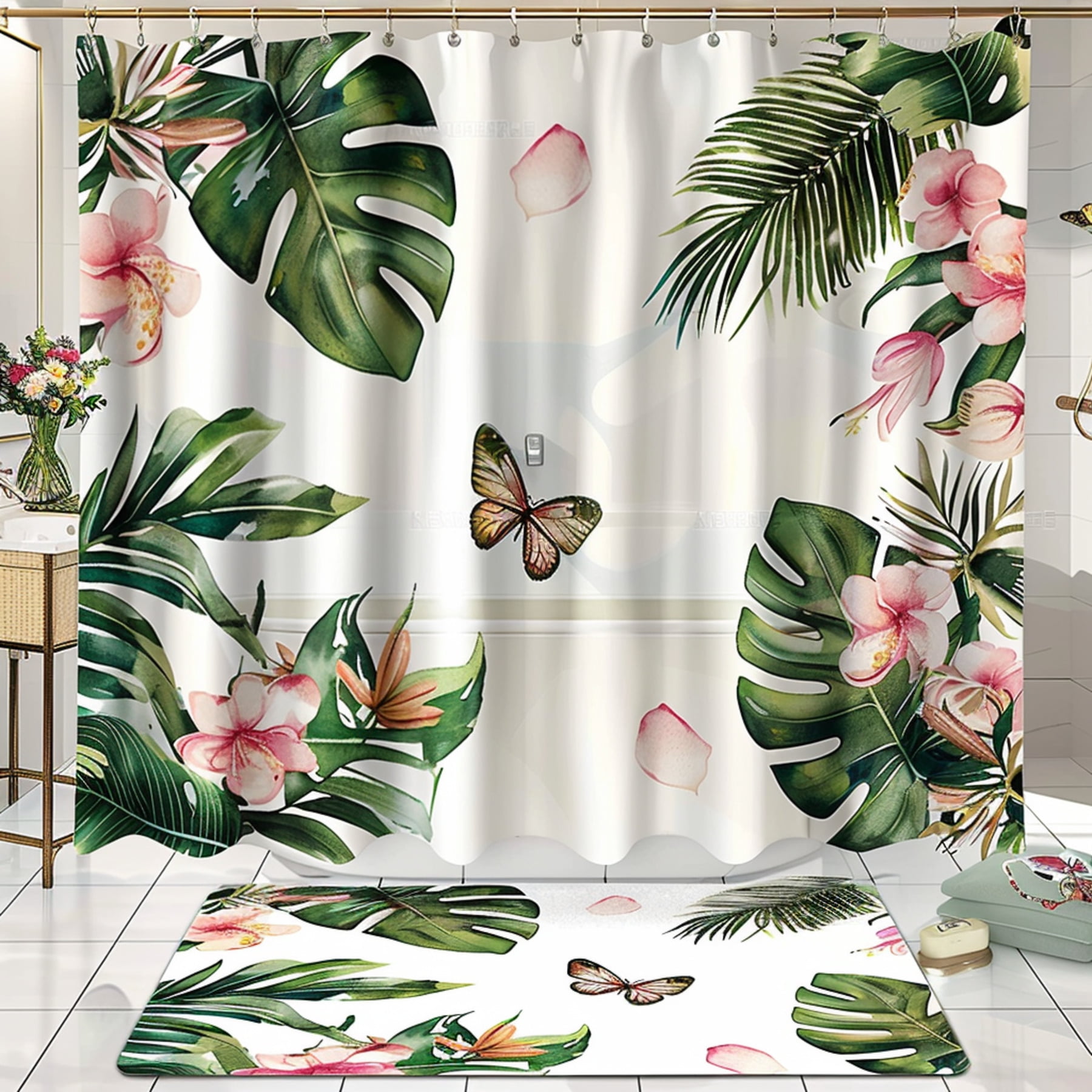 Tropical Rainforest Bathroom Set White Background Green Palm Leaves