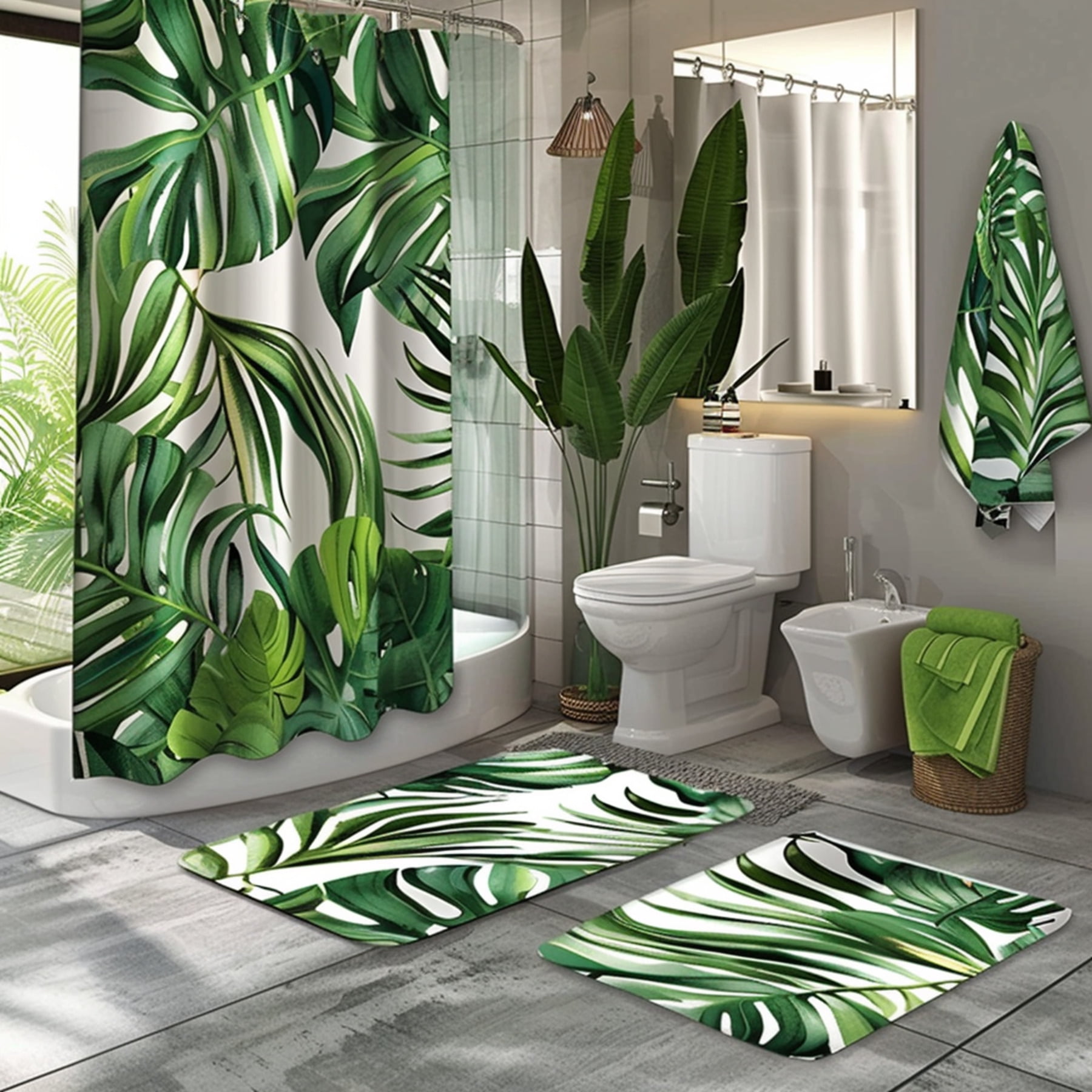 Tropical Rainforest Bathroom Set White Toilet Green Palm Leaves