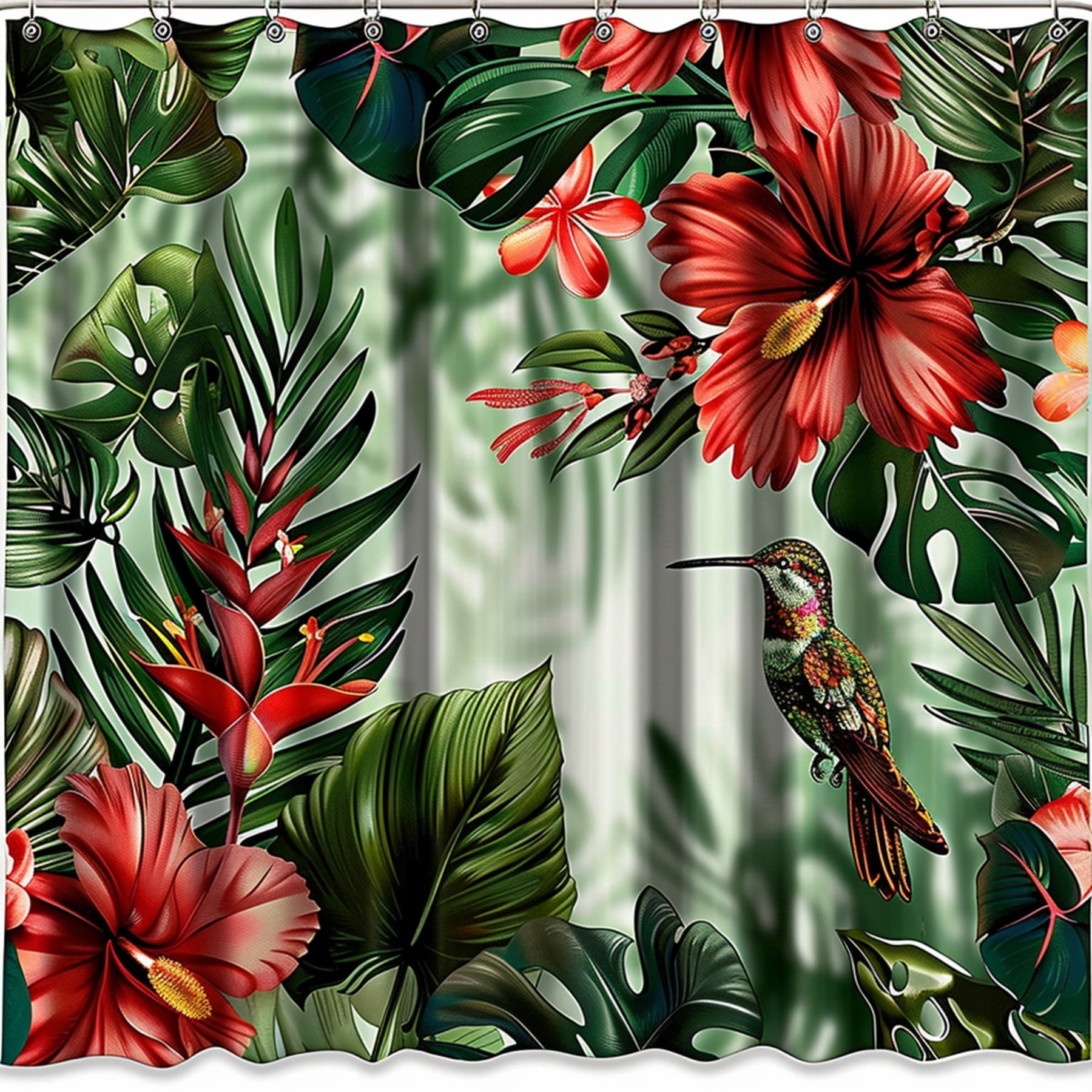 Tropical Rainforest Bathroom Shower Curtain With Hummingbird And Leaf