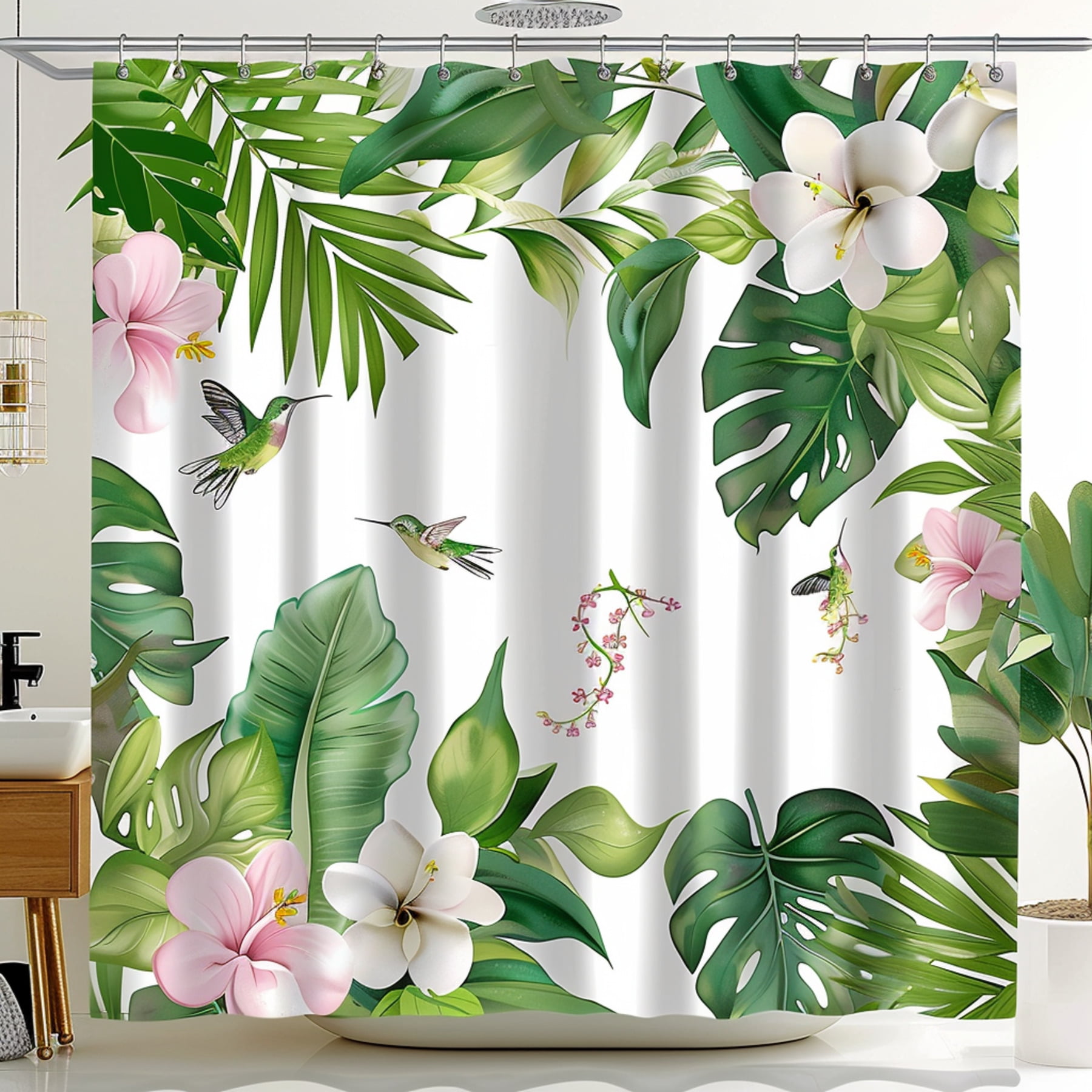 Tropical Rainforest Cartoon Shower Curtain With Hummingbirds And