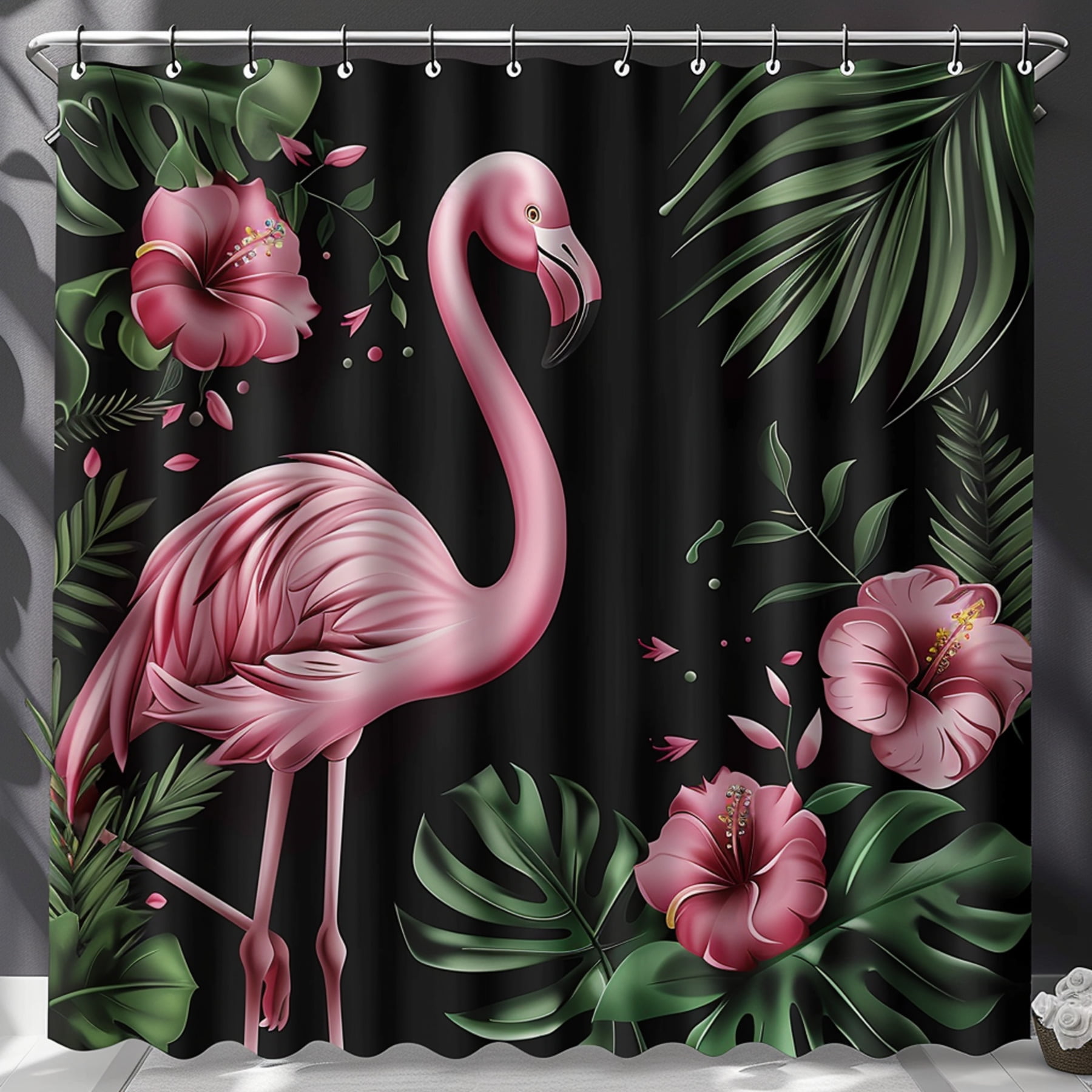 Tropical Rainforest Flamingo Bathroom Shower Curtain Set Black Pink ...