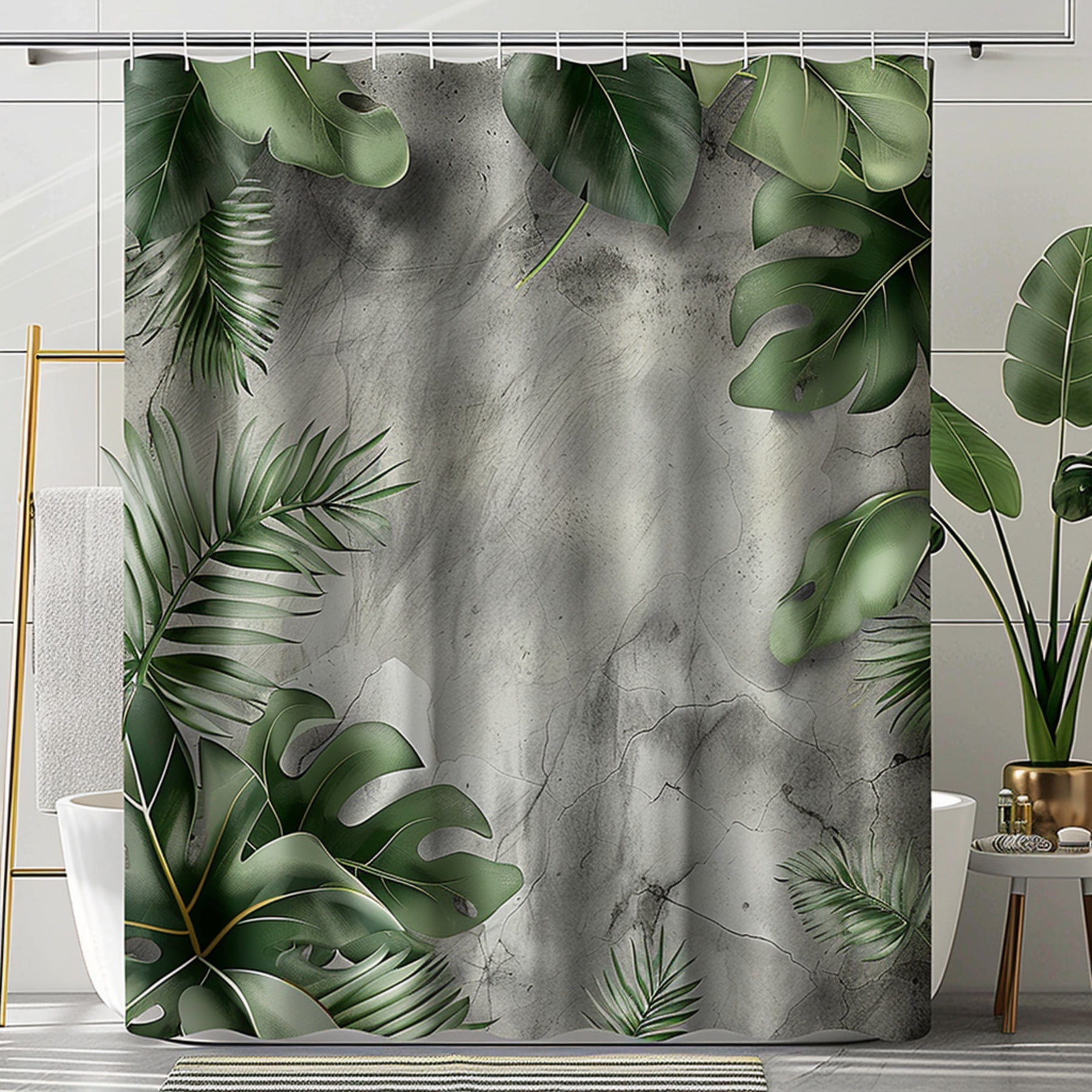 Tropical Rainforest Green Leaves Shower Curtain with Grey Stone Texture ...